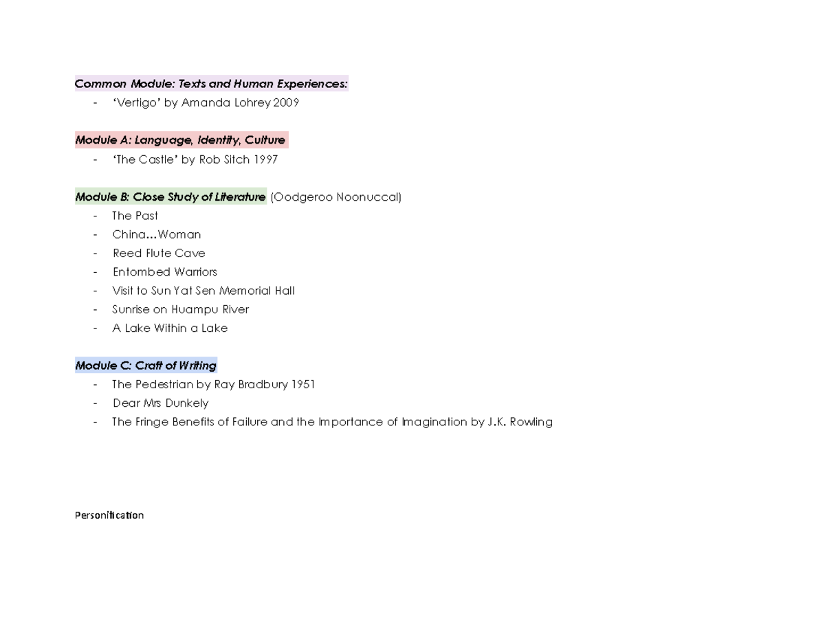 ENG TEXT Tables - hsc - Common Module: Texts and Human Experiences ...