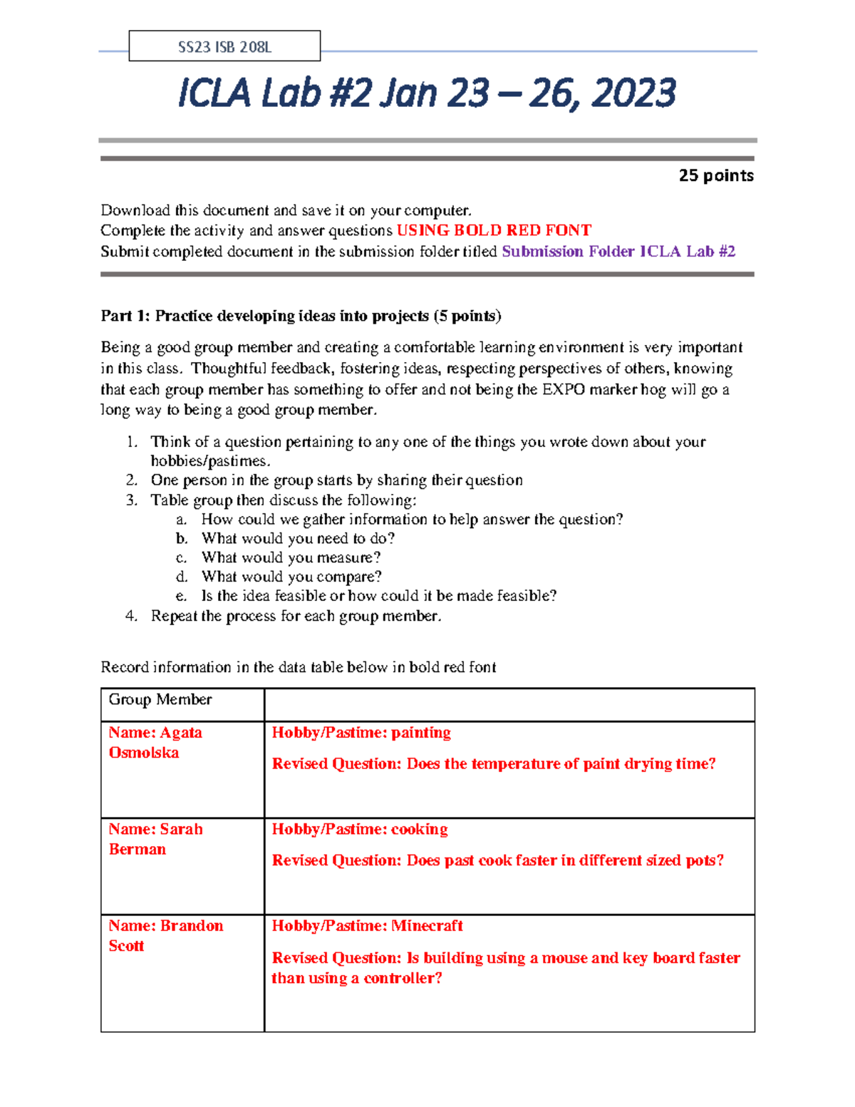 ICLA Lab #2 - ICLA Lab #2 - ICLA Lab # 2 Jan 23 – 26, 2023 25 points ...