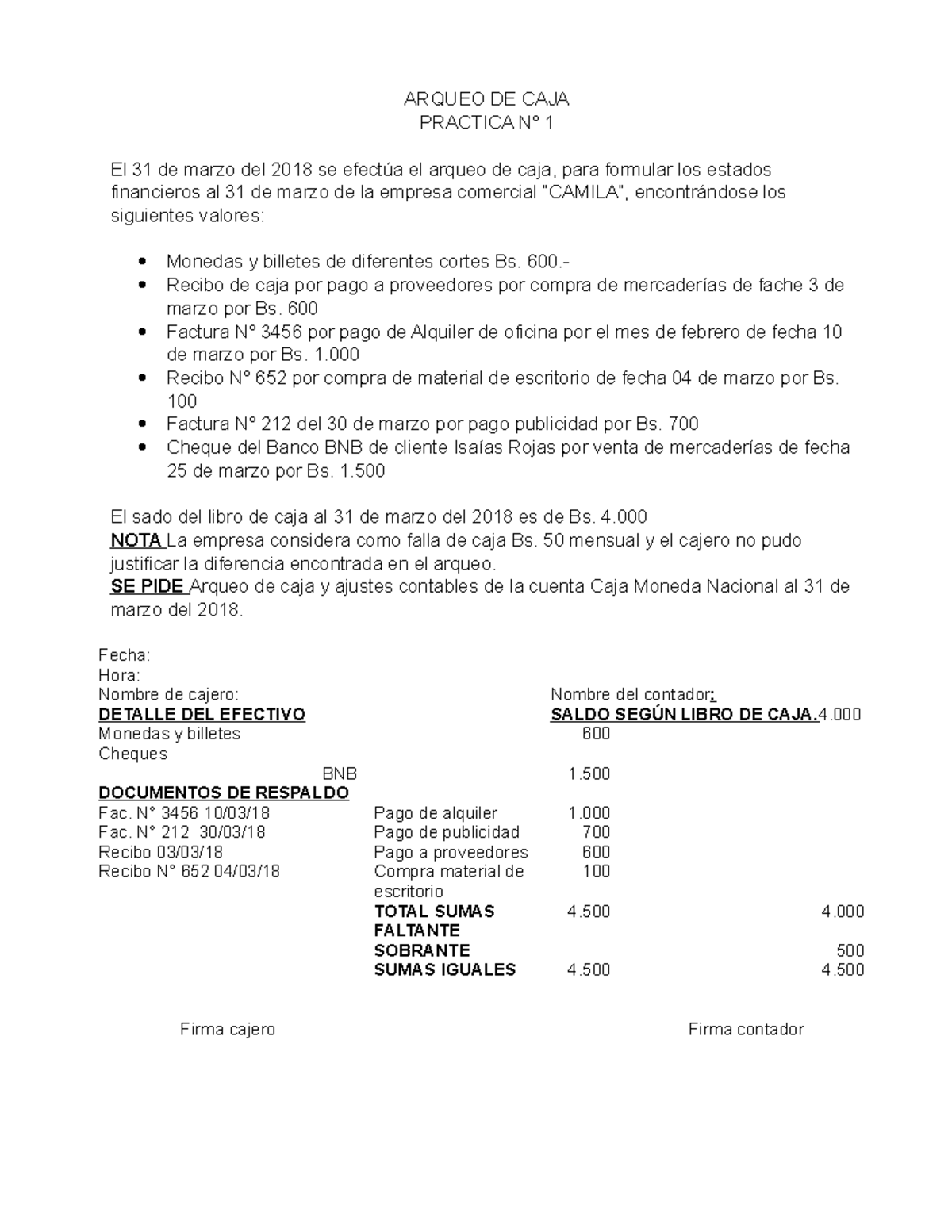 403198966 Arqueo DE CAJA docx - ARQUEO DE CAJA PRACTICA N° 1 El 31 de ...