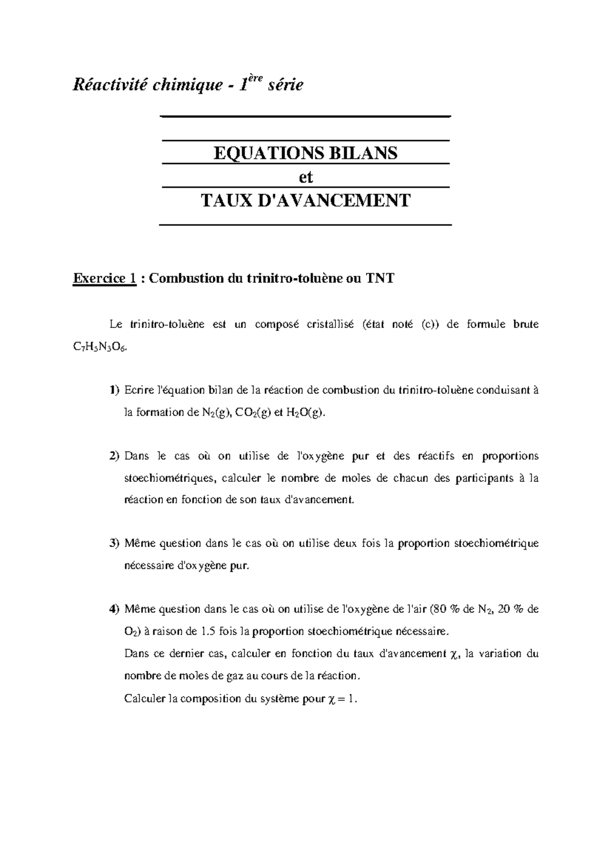 DM Cinétique tableau d'avancement - Réactivité chimique - 1ère série ...