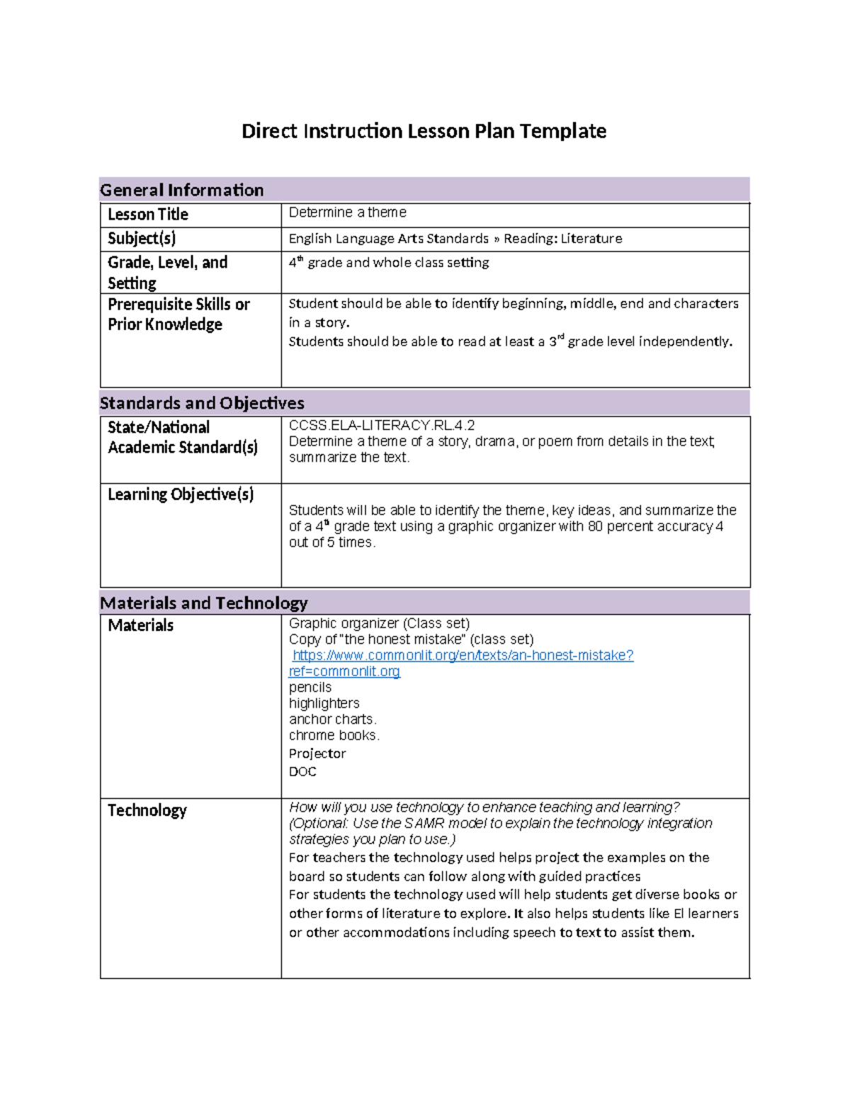 Direct Instruction Lesson Plan: Determine a Theme in 4th Grade ELA ...