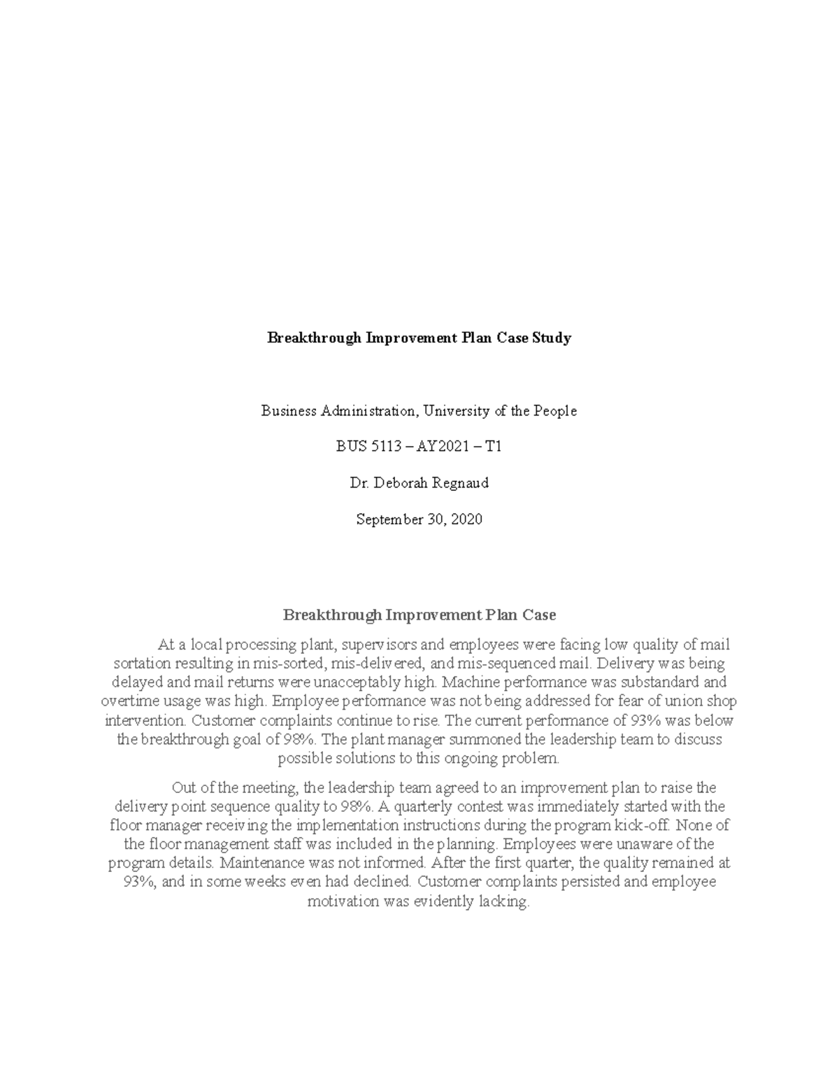 Communication Paper: Written Assignment #2 - Breakthrough Improvement ...