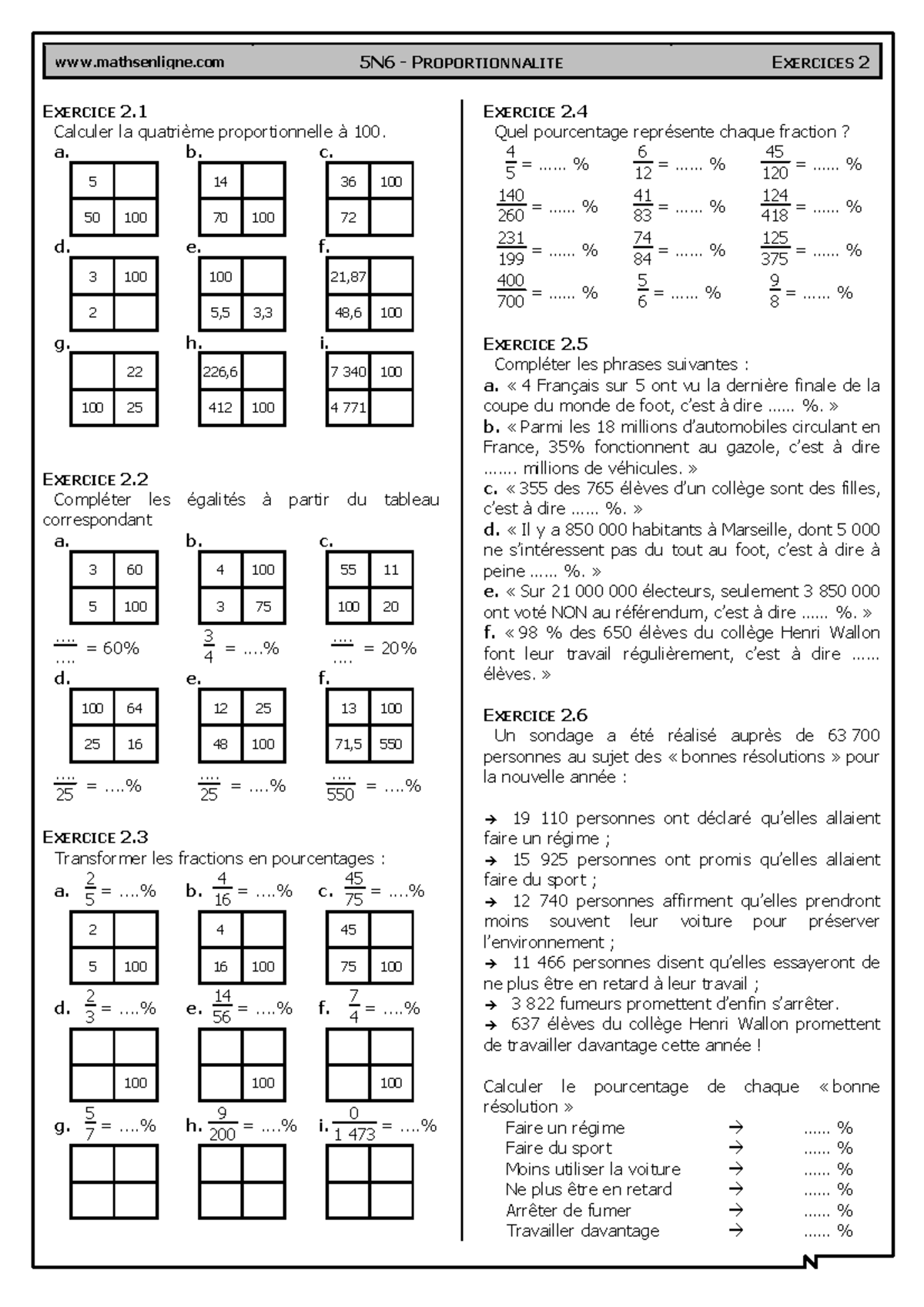 Exos fractions et pourcentages - mathsenligne 5N6 - PROPORTIONNALITE ...