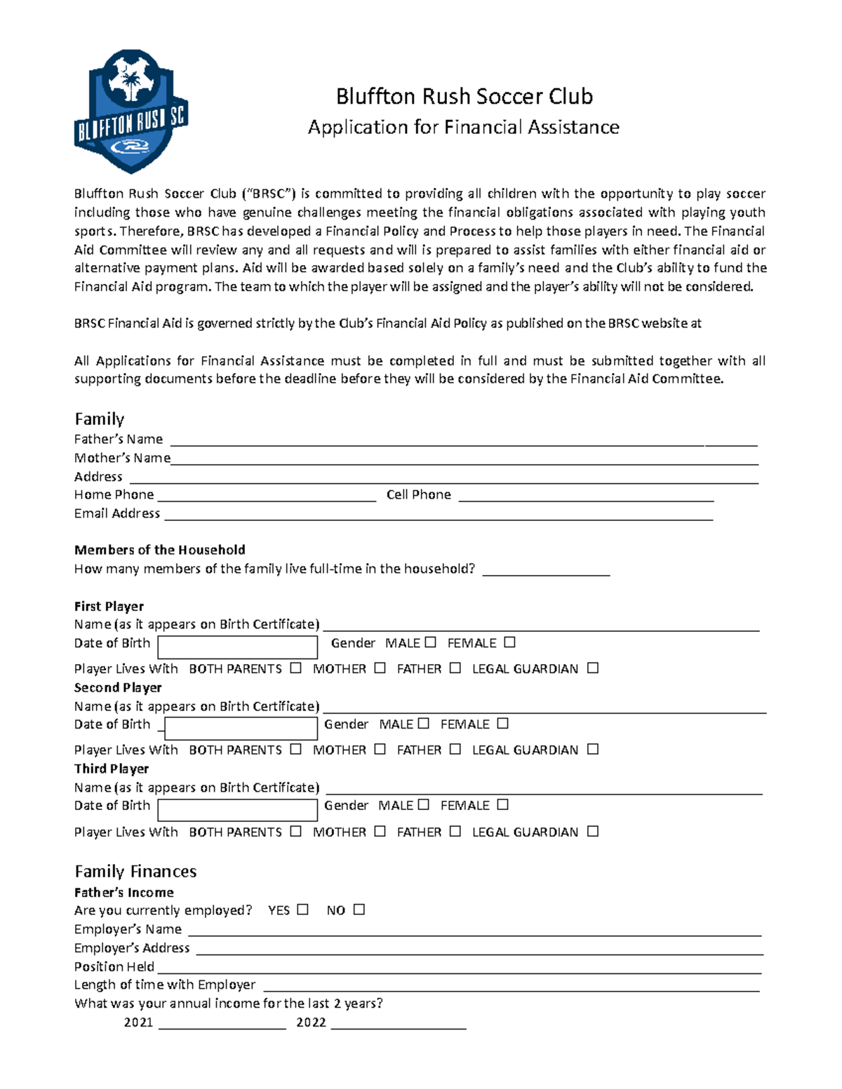 New - Ccbnsjd - Bluffton Rush Soccer Club Application for Financial Assistance Bluffton Rush ...