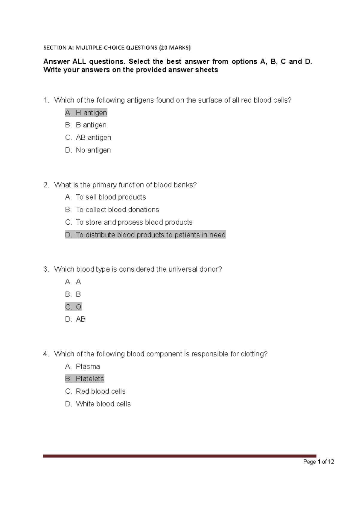 Blood BANK 1 Answer Scheme - SECTION A: MULTIPLE-CHOICE QUESTIONS (20 MARKS) Answer ALL ...