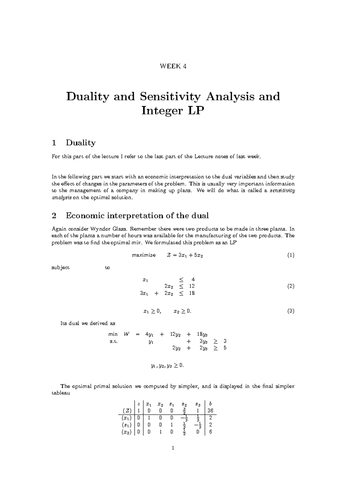 Col4 - college 4 aantekeningen - WEEK 4 Duality and Sensitivity Analysis and Integer LP 1 ...