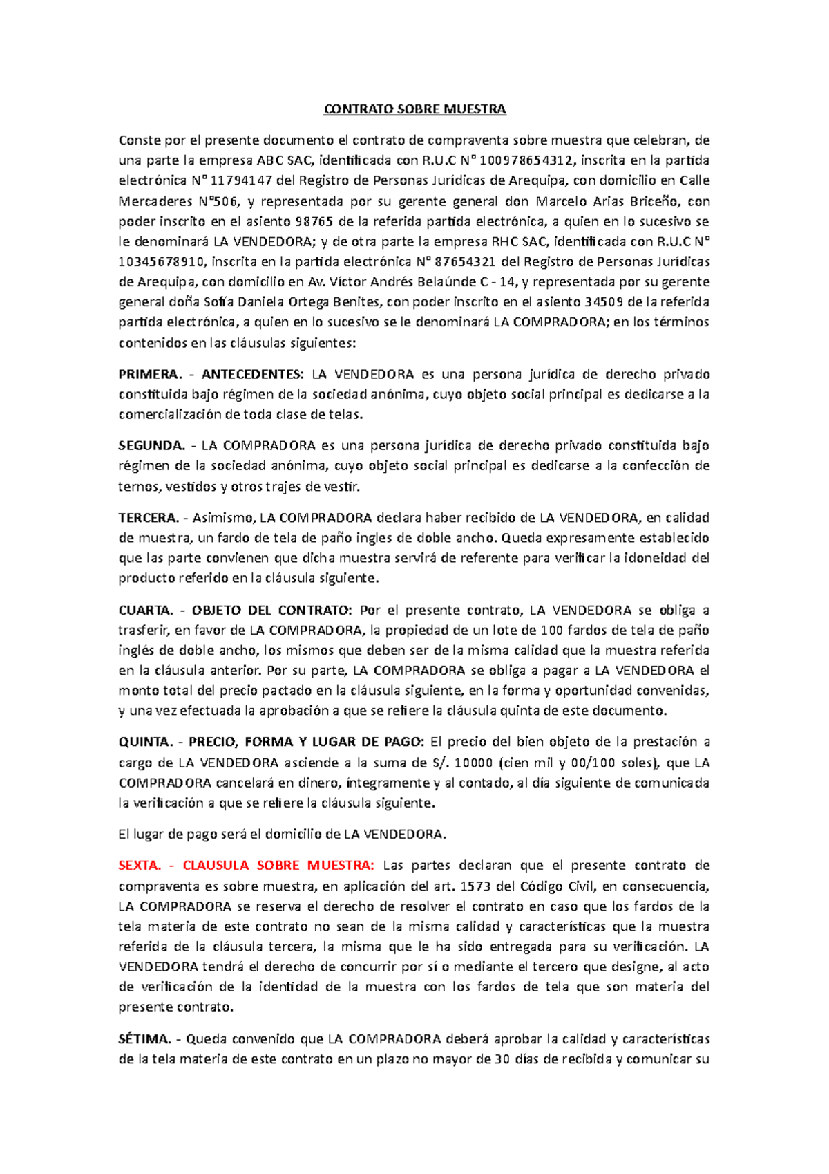 Contrato Sobre Muestra - CONTRATO SOBRE MUESTRA Conste por el presente ...