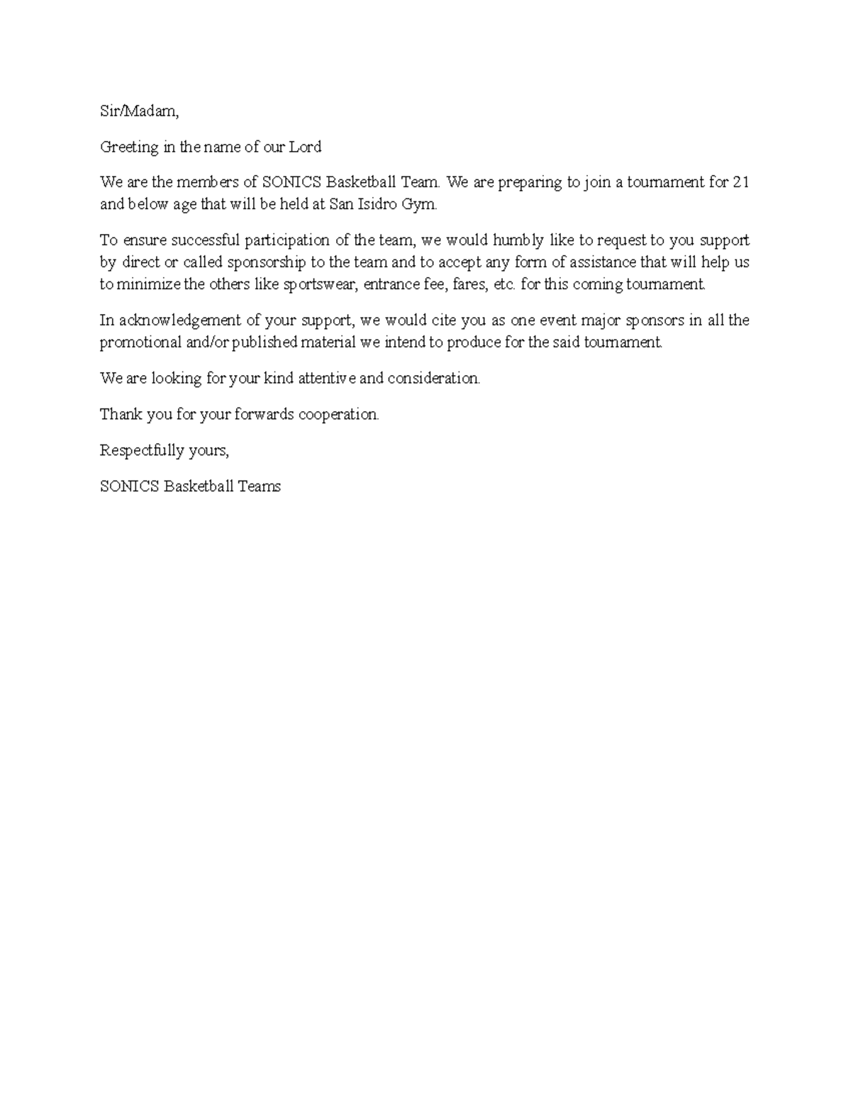 Solicitation letter - Sir/Madam, Greeting in the name of our Lord We ...