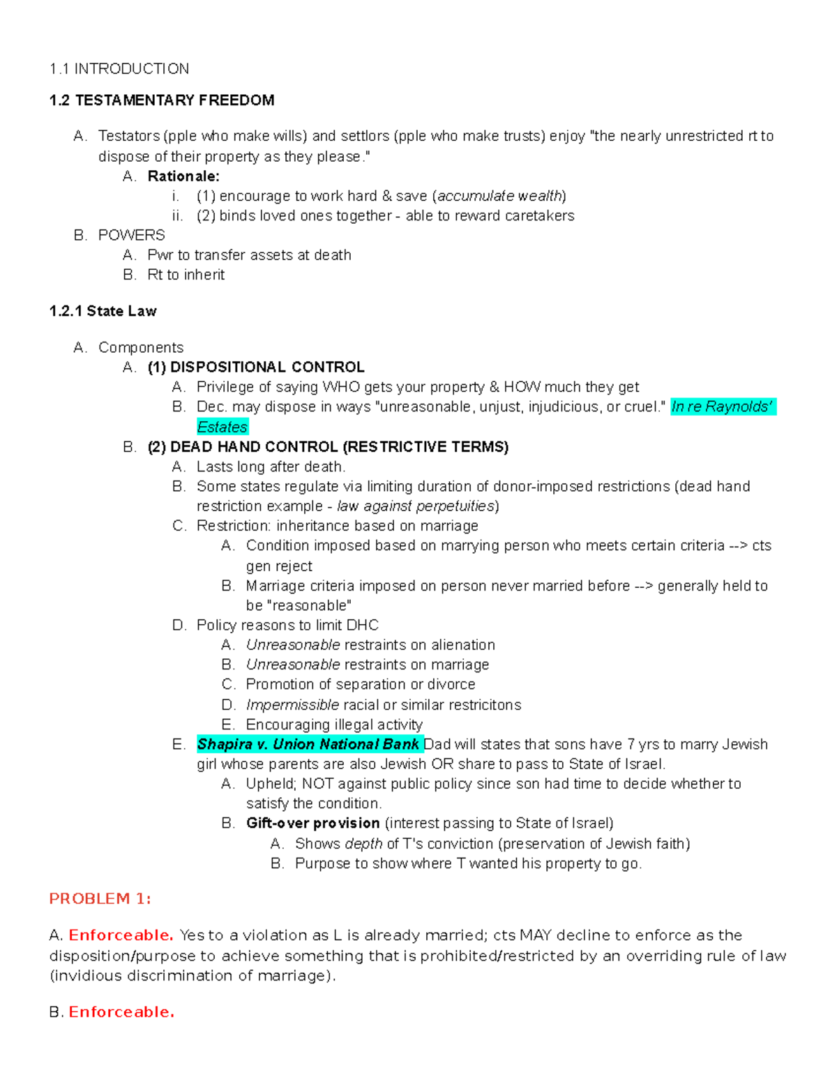 WTE RDNG Class - Notes - 1 INTRODUCTION 1 TESTAMENTARY FREEDOM A ...