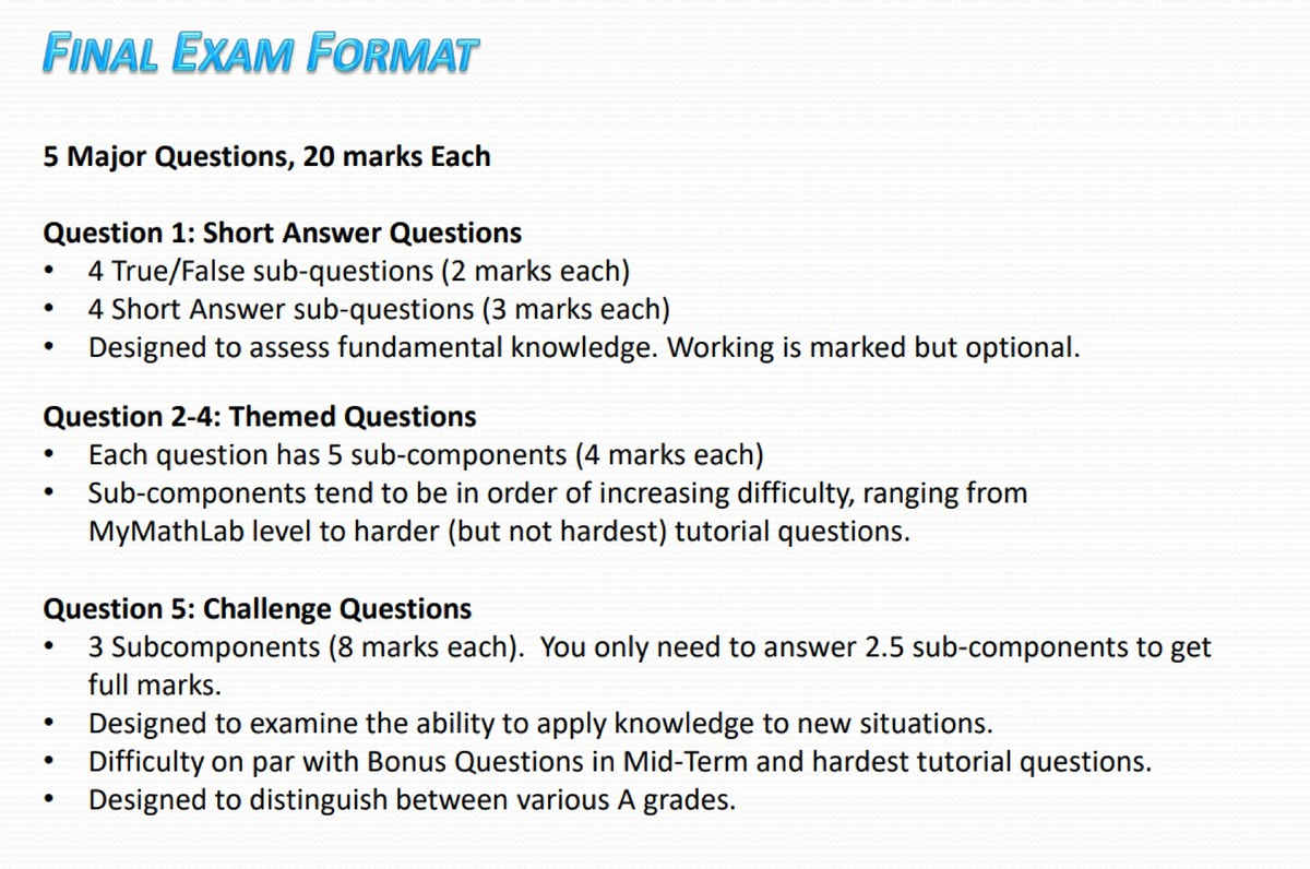 Mh2802 Finals format - FINAL EXAM FORMAT 5 Major Questions, 20 marks ...