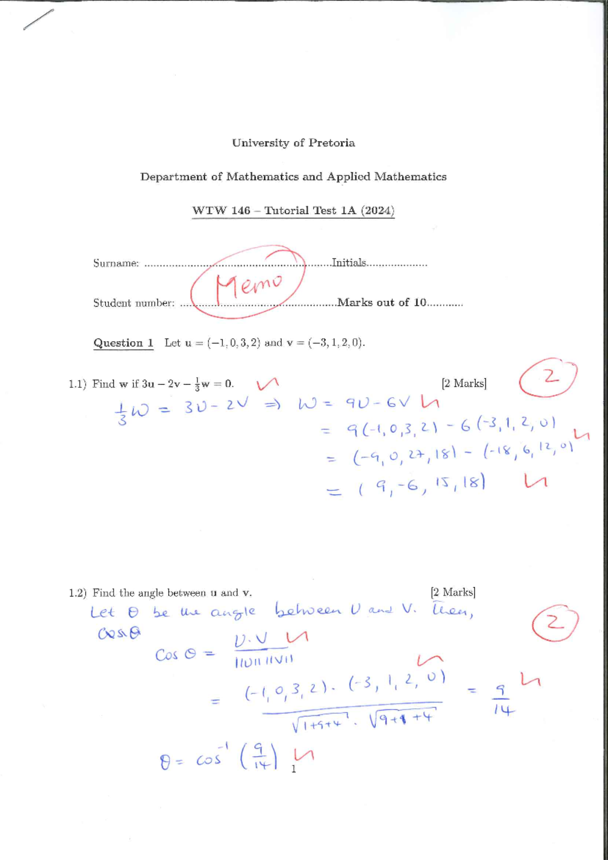 Memo for WTW 146 Tut. Test 1A - WTW 146 - University of Pretoria ...