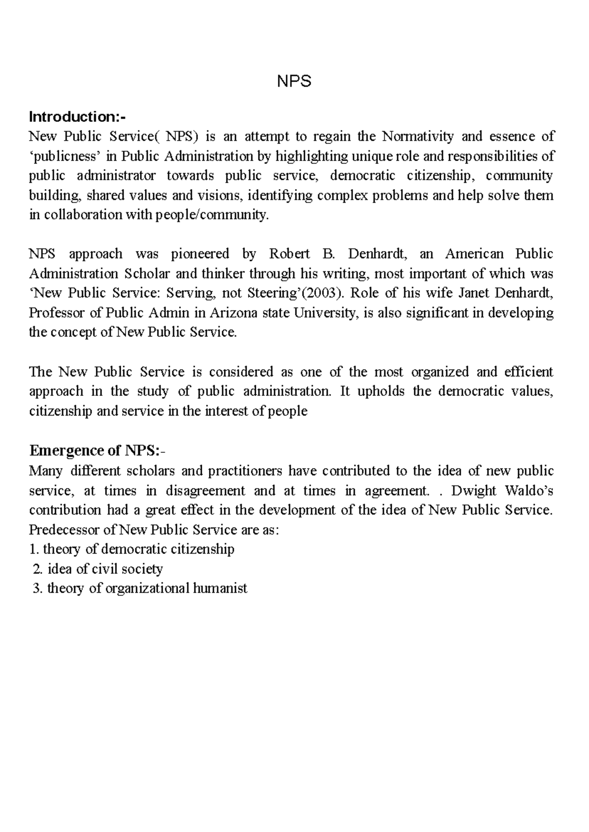 Nps notesss - NPS Introduction:- New Public Service( NPS) is an attempt ...