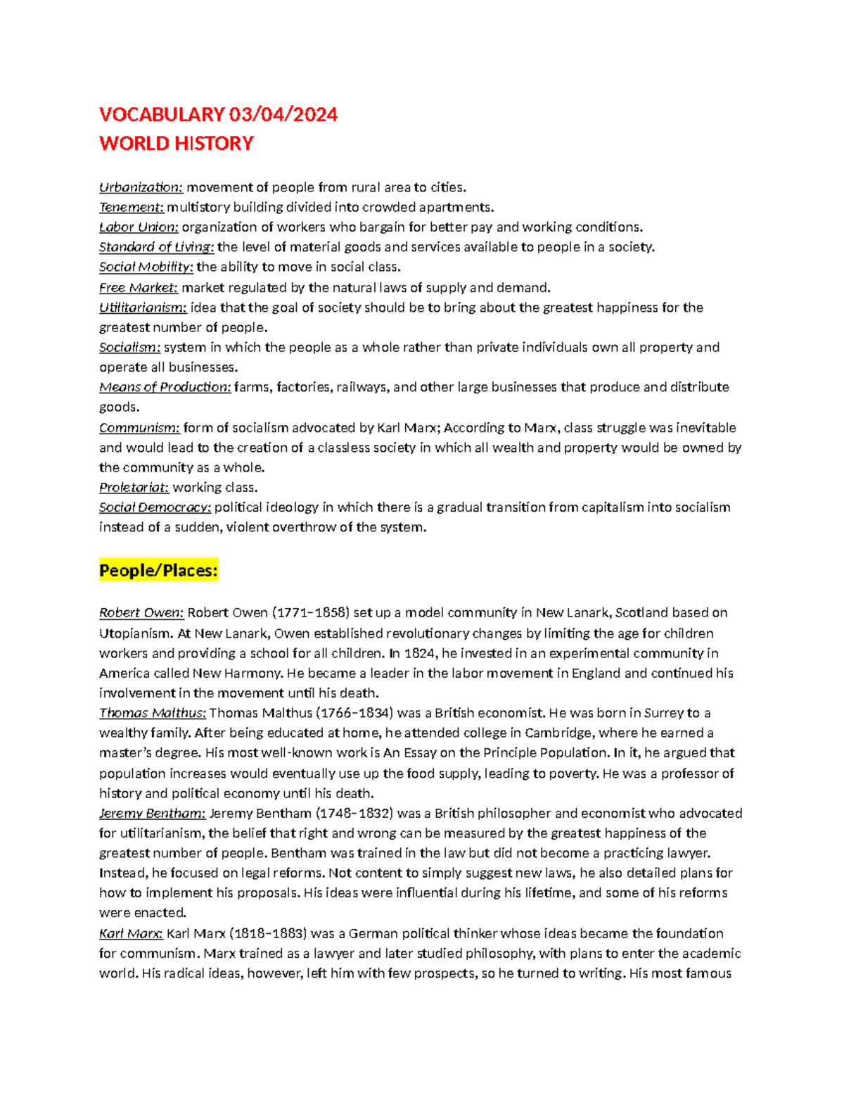 Vb 030424 - khjk - VOCABULARY 03/04/ WORLD HISTORY Urbanization ...