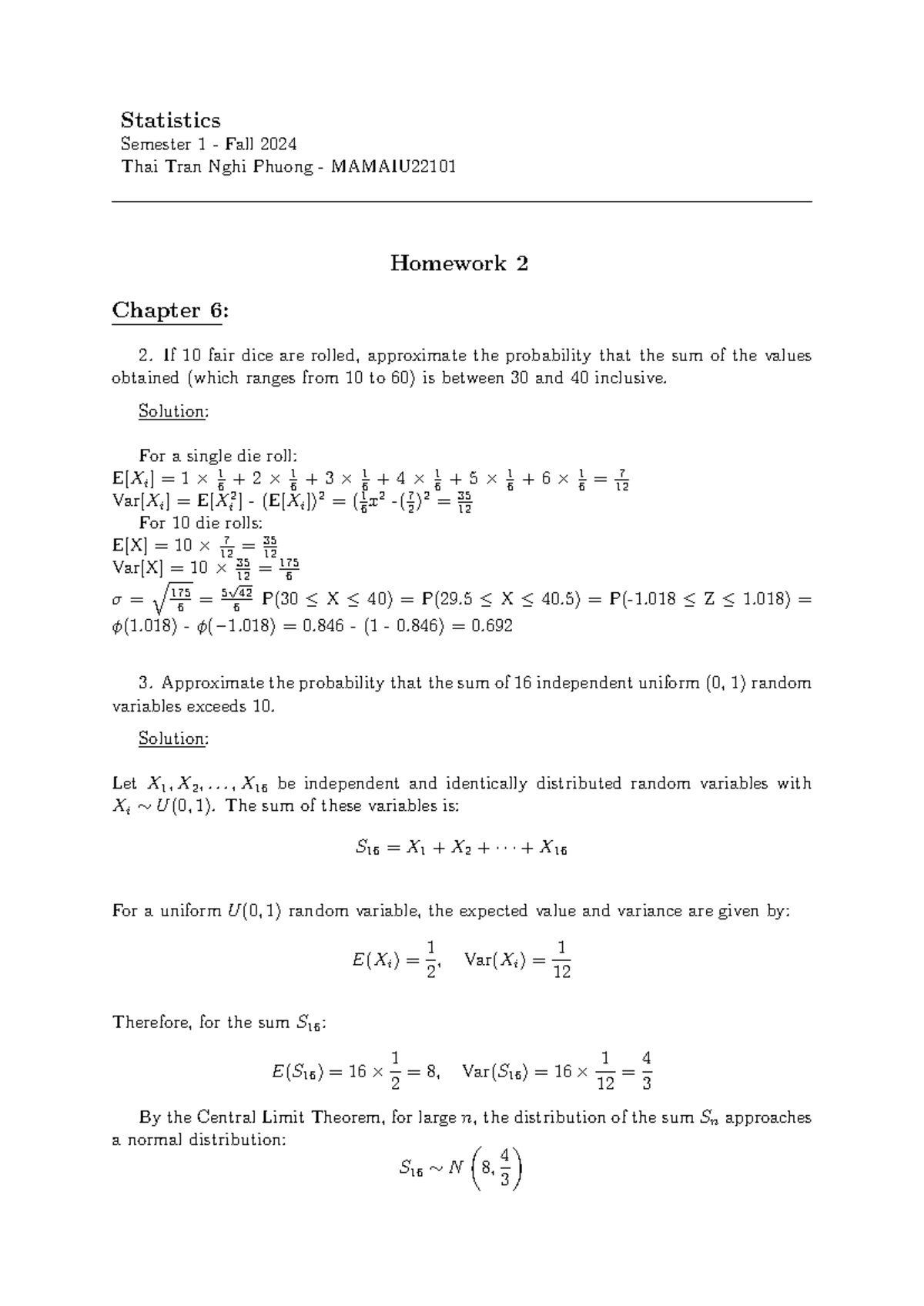 Hw2 stat - Hw2 stat - Statistics Semester 1 - Fall 2024 Thai Tran Nghi Phuong - MAMAIU Homework ...