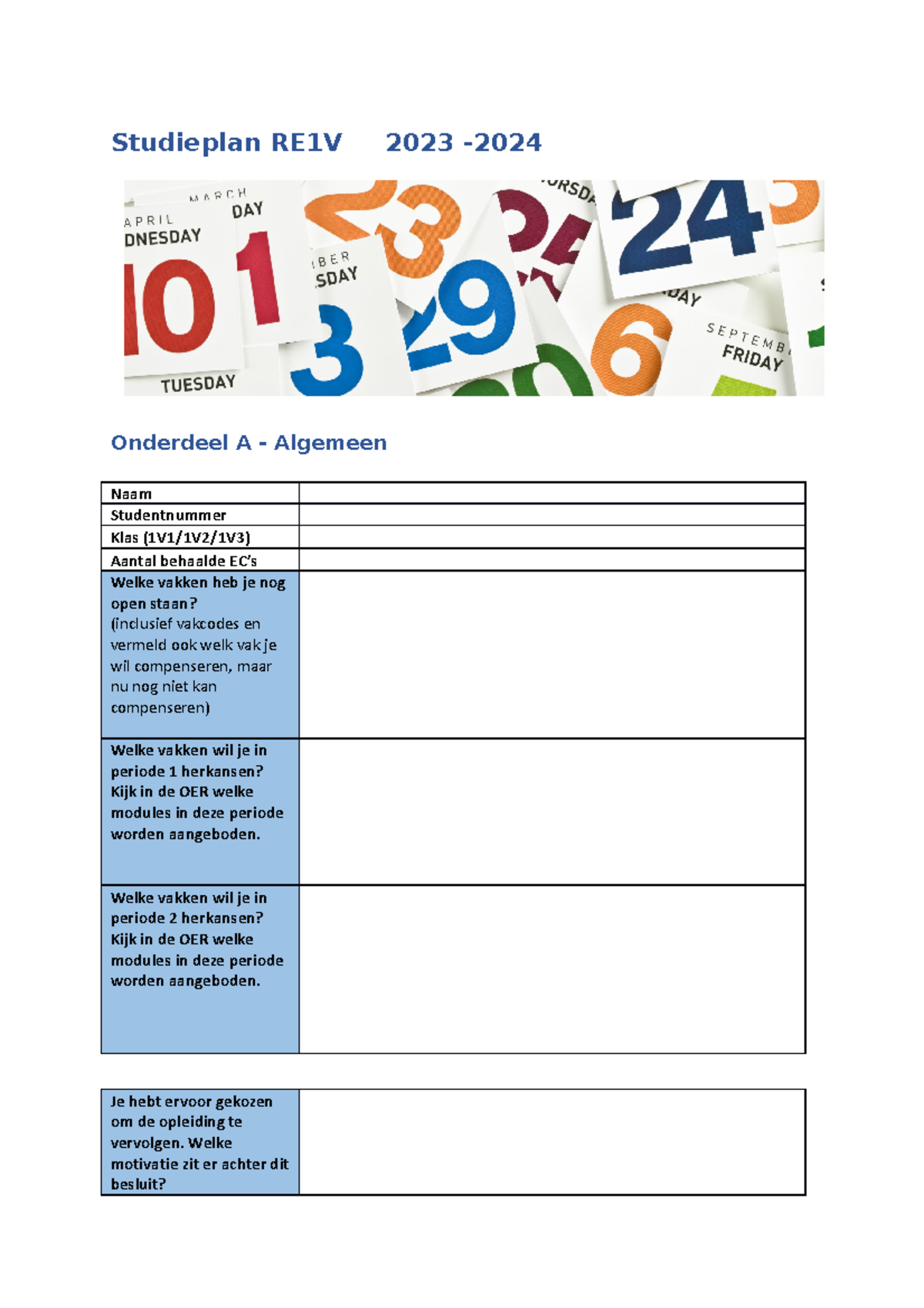 2324 Format studieplan 1V - Studieplan RE1V 2023 - Onderdeel A ...