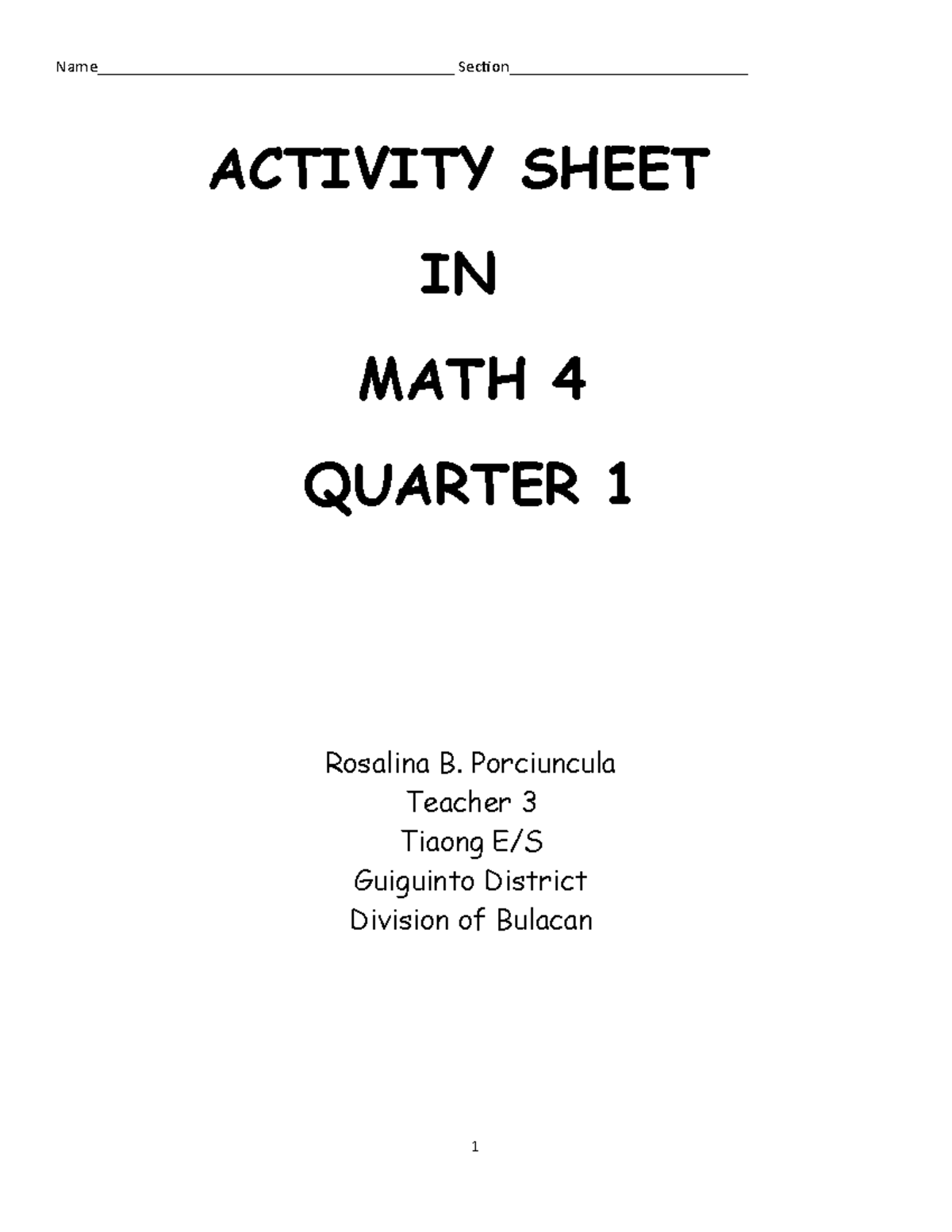 Activity Sheet Math 4 Q1 - ACTIVITY SHEET IN MATH 4 QUARTER 1 Rosalina ...