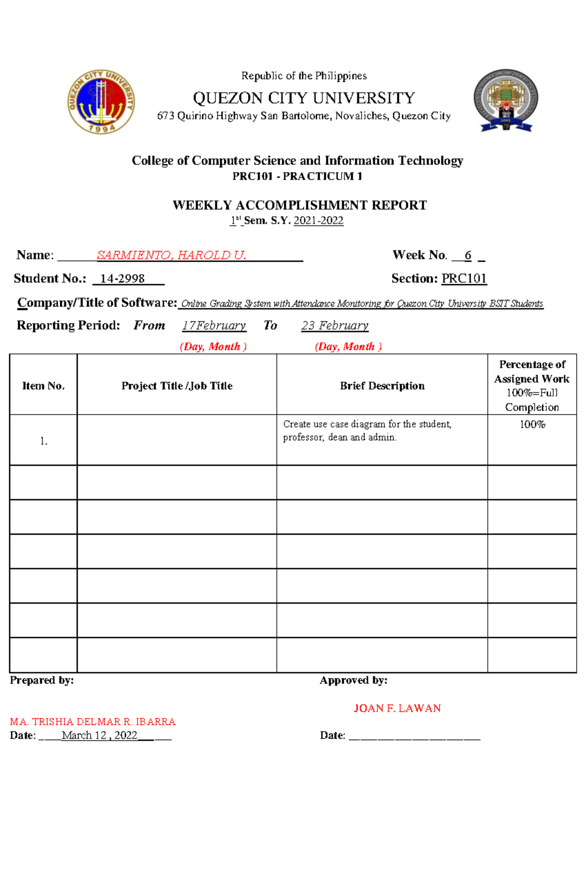 Individual Report WEEK 6 - Republic of the Philippines QUEZON CITY ...