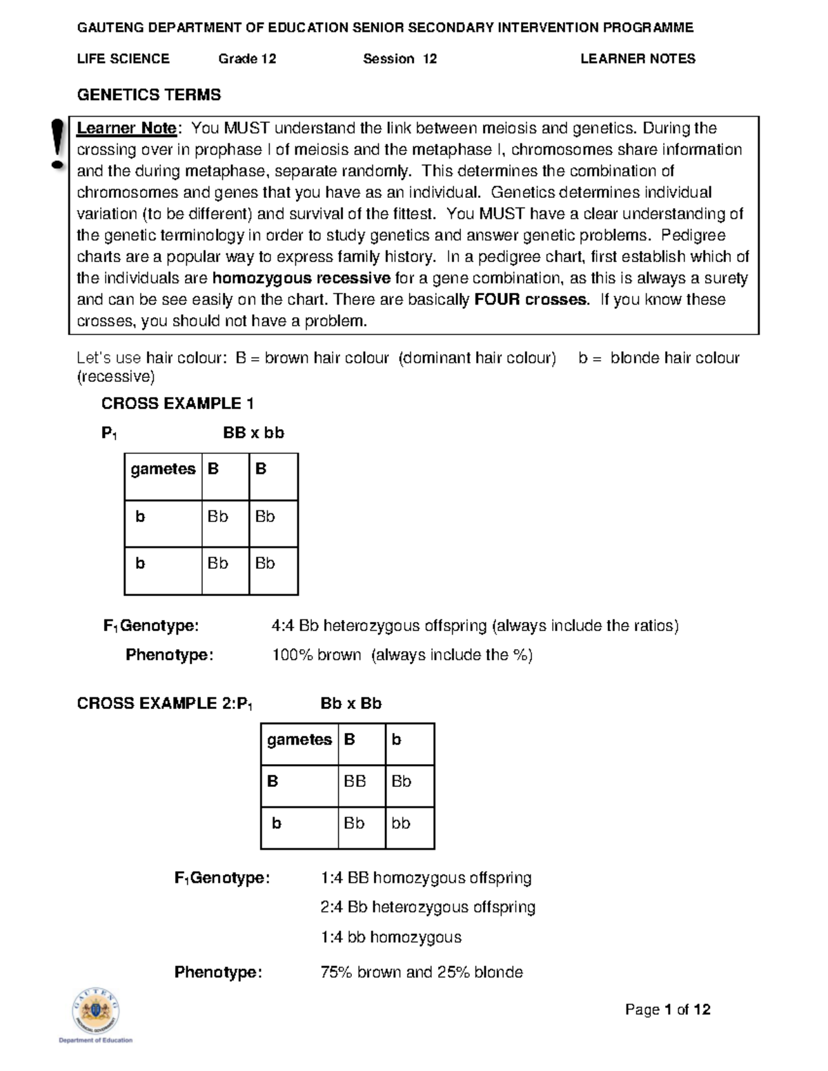 LN12 Genetics Terms - LIFE SCIENCE Grade 12 Session 12 LEARNER NOTES ...