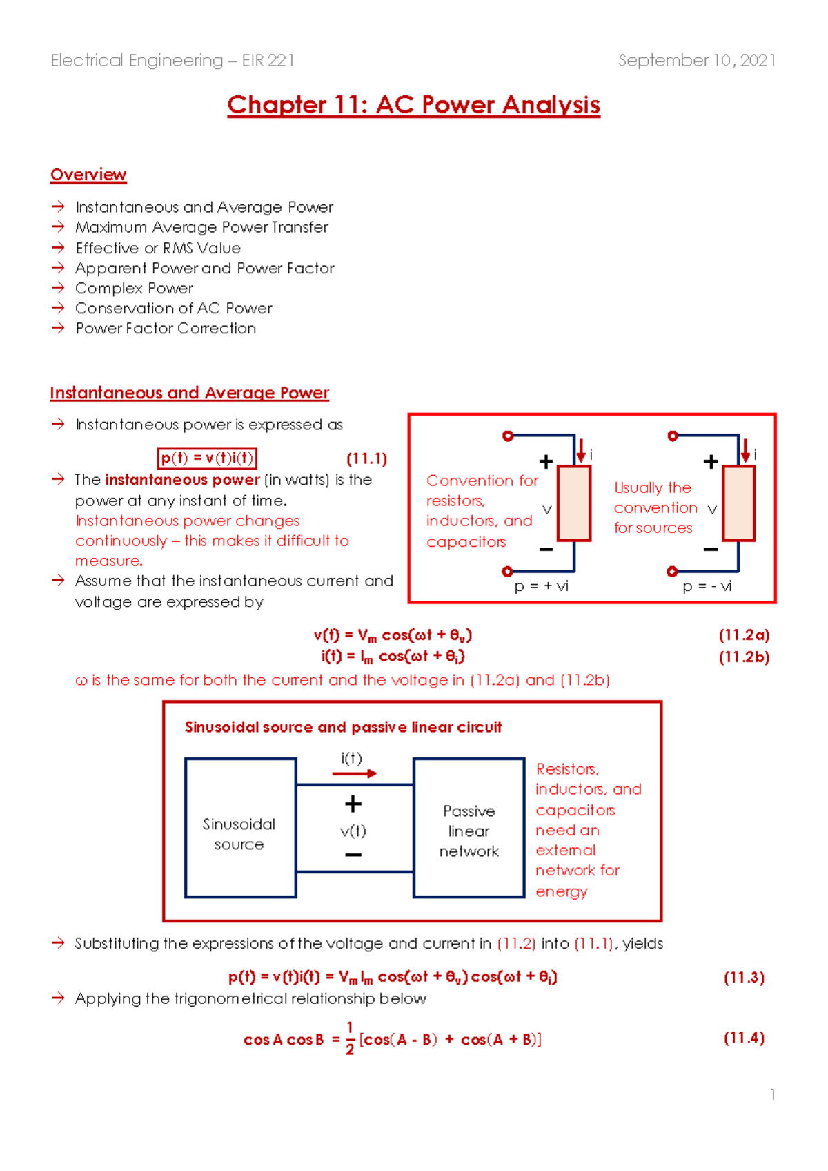 EIR 221 - Chapter 11 AC Power Analysis - Chapter 11 : AC Power Analysis Overview → Instantaneous ...