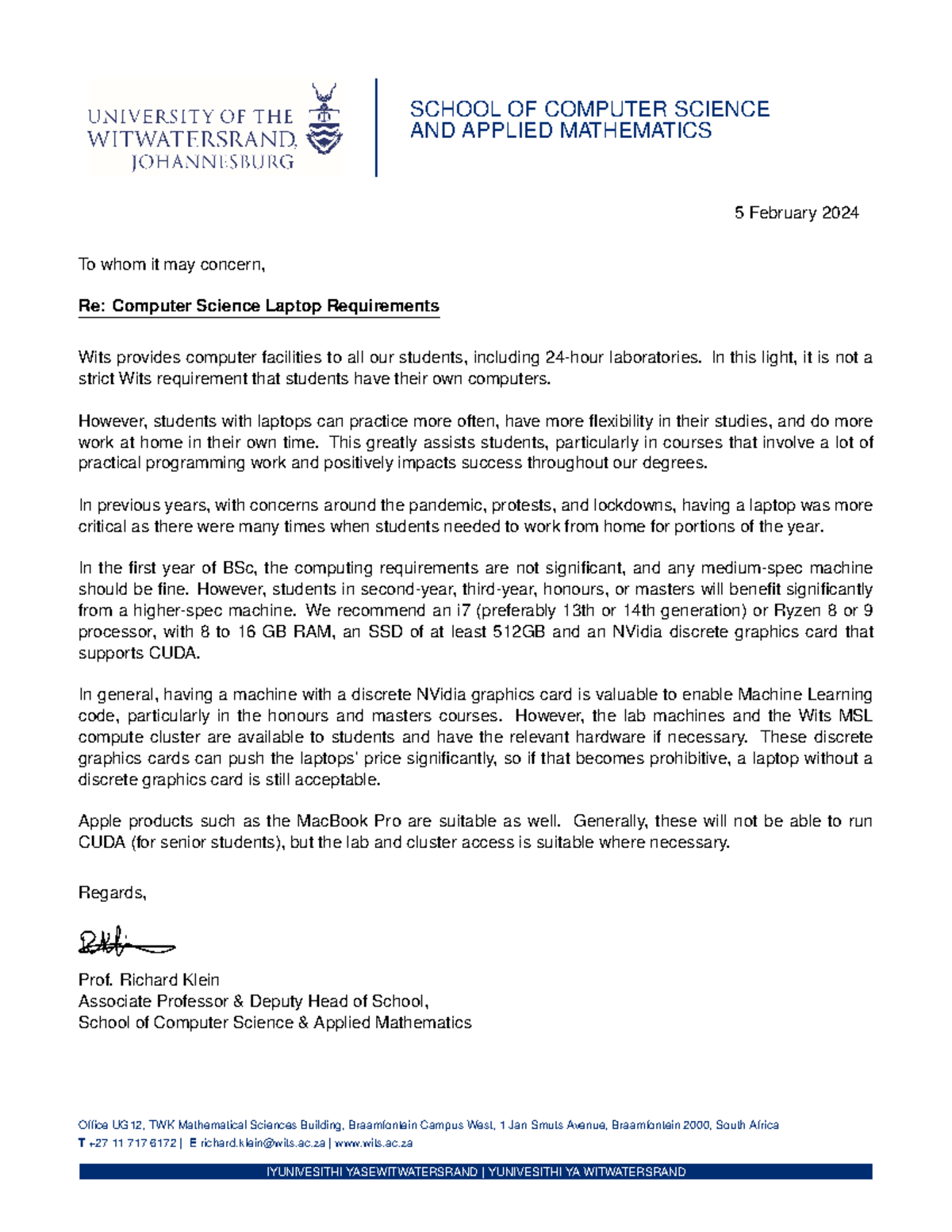 CSAM Laptop Letter 2024 - SCHOOL OF COMPUTER SCIENCE AND APPLIED ...