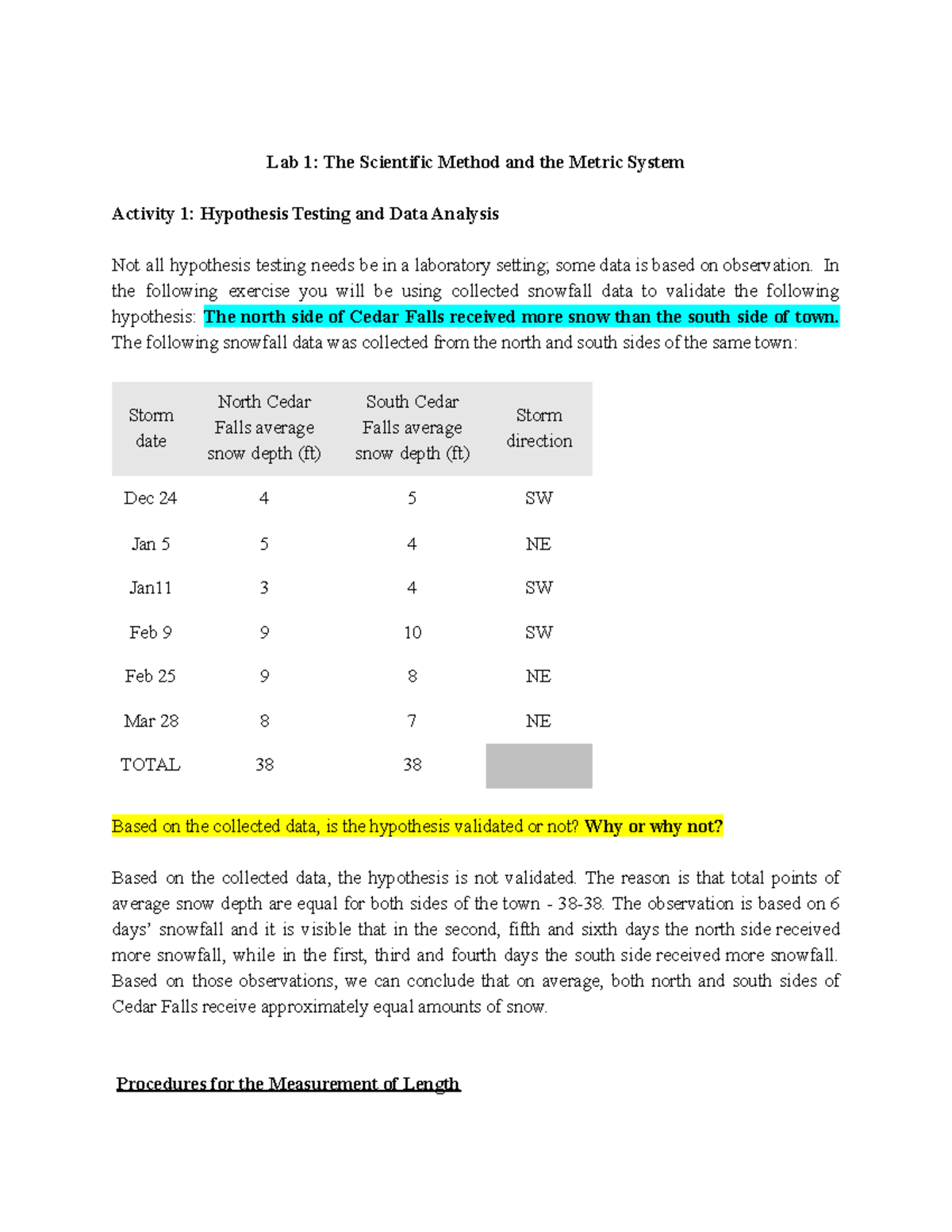 Bio Lab - Lab 1: The Scientific Method and the Metric System - Lab 1 ...