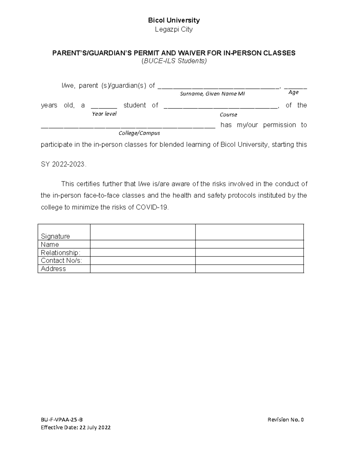 In person classes waiver form - BU-F-VPAA-25-BEffective Date: 22 July ...
