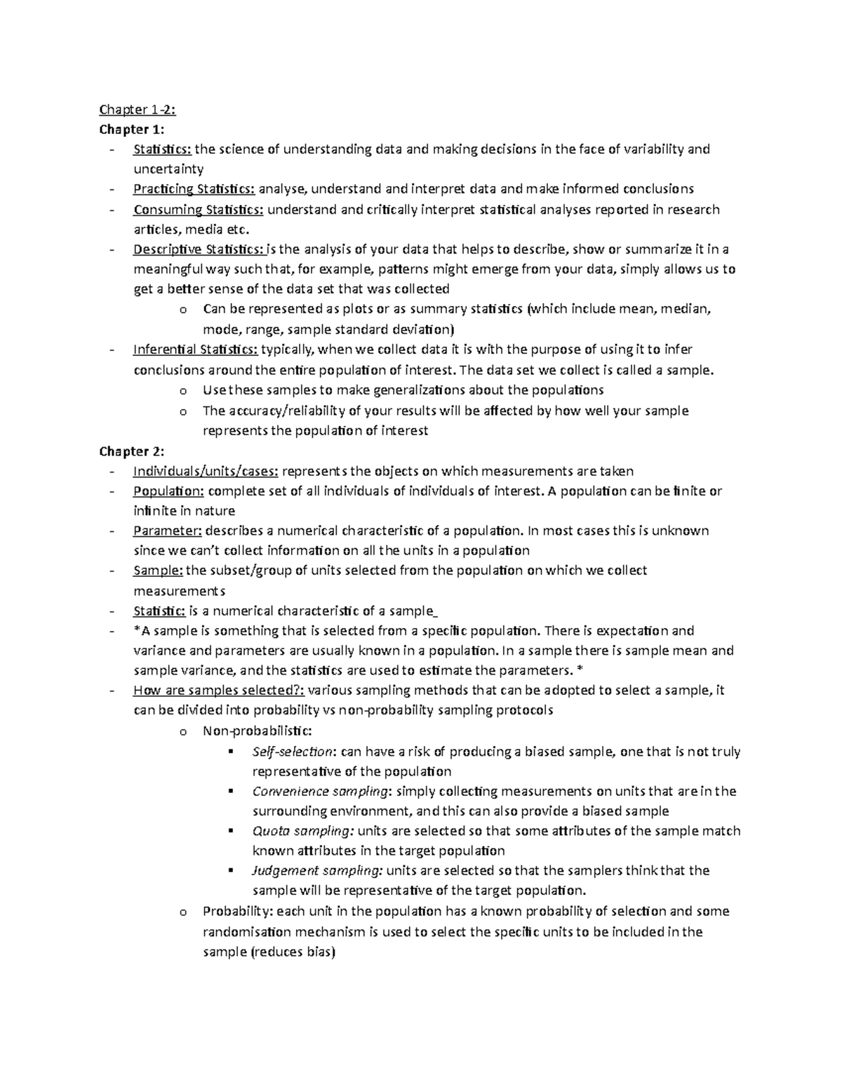 Chapter 1 and 2 Notes - Chapter 1-2: Chapter 1: - Statistics: the ...