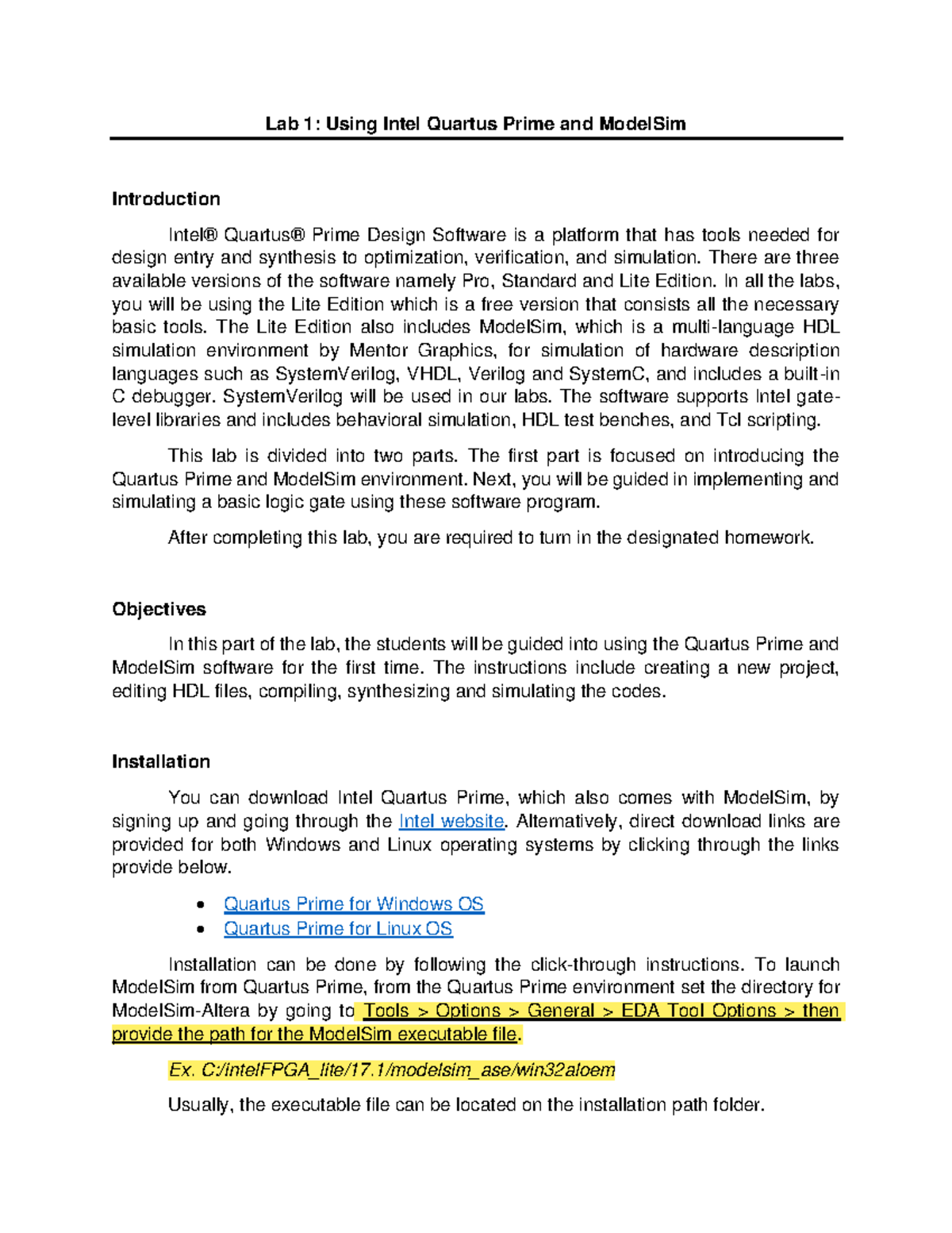 Lab 1 Lab 프로그램 과제 Lab 1 Using Intel Quartus Prime And Modelsim Introduction Intel® Quartus