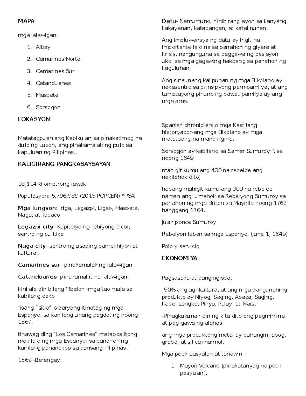Bicol reviewer 2 - MAPA mga lalawigan: Albay Camarines Norte Camarines ...