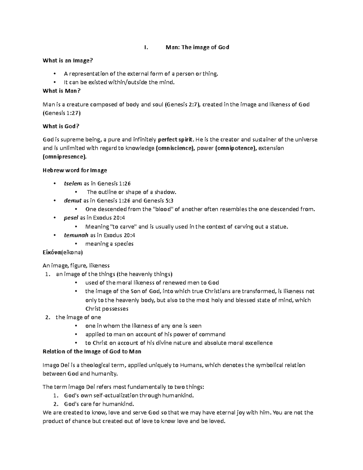Chapter-1-2 - Summary of Lesson 1 - I. Man: The image of God What is an ...