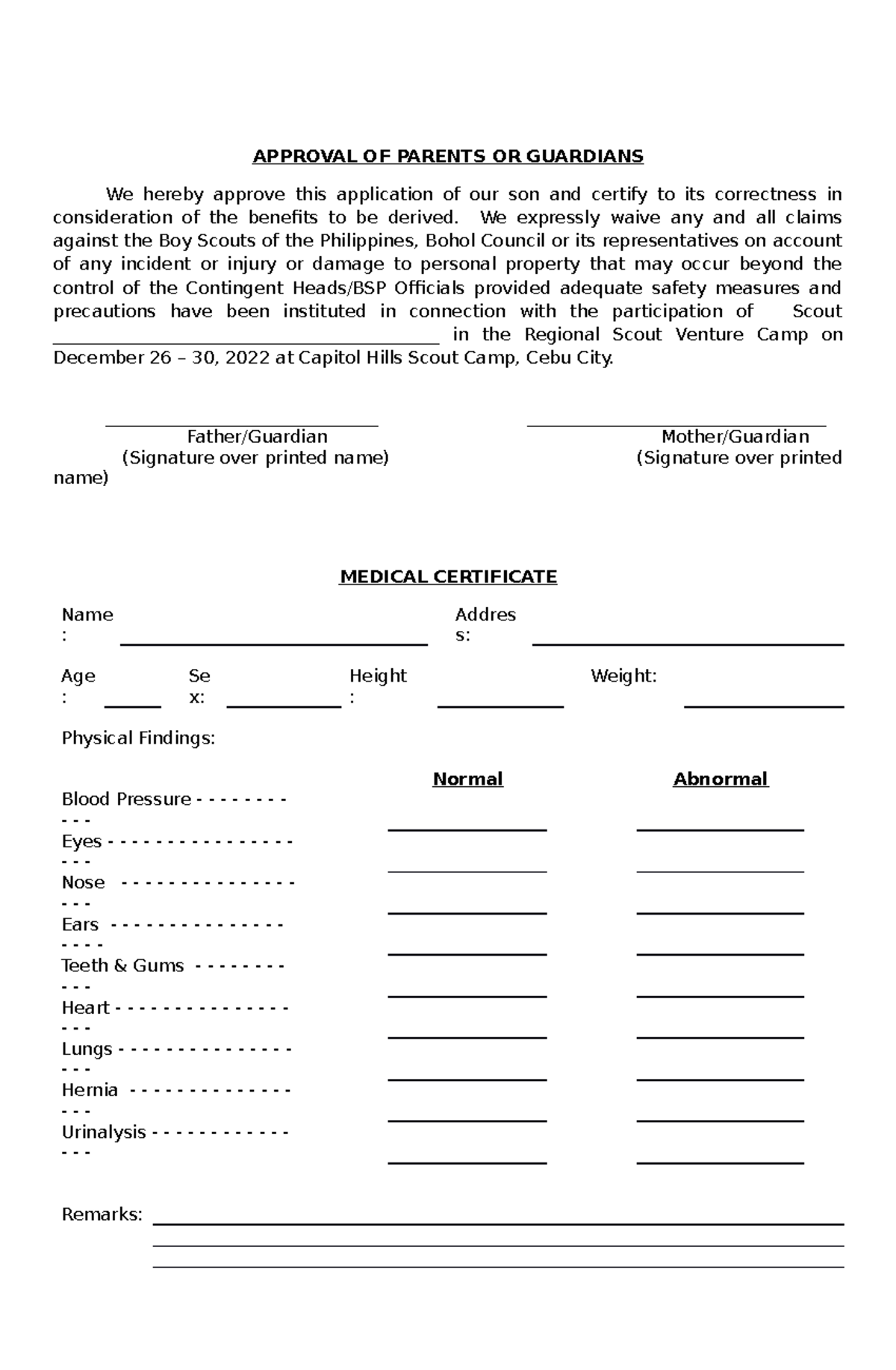 Parents-consent - Trip - APPROVAL OF PARENTS OR GUARDIANS We hereby ...