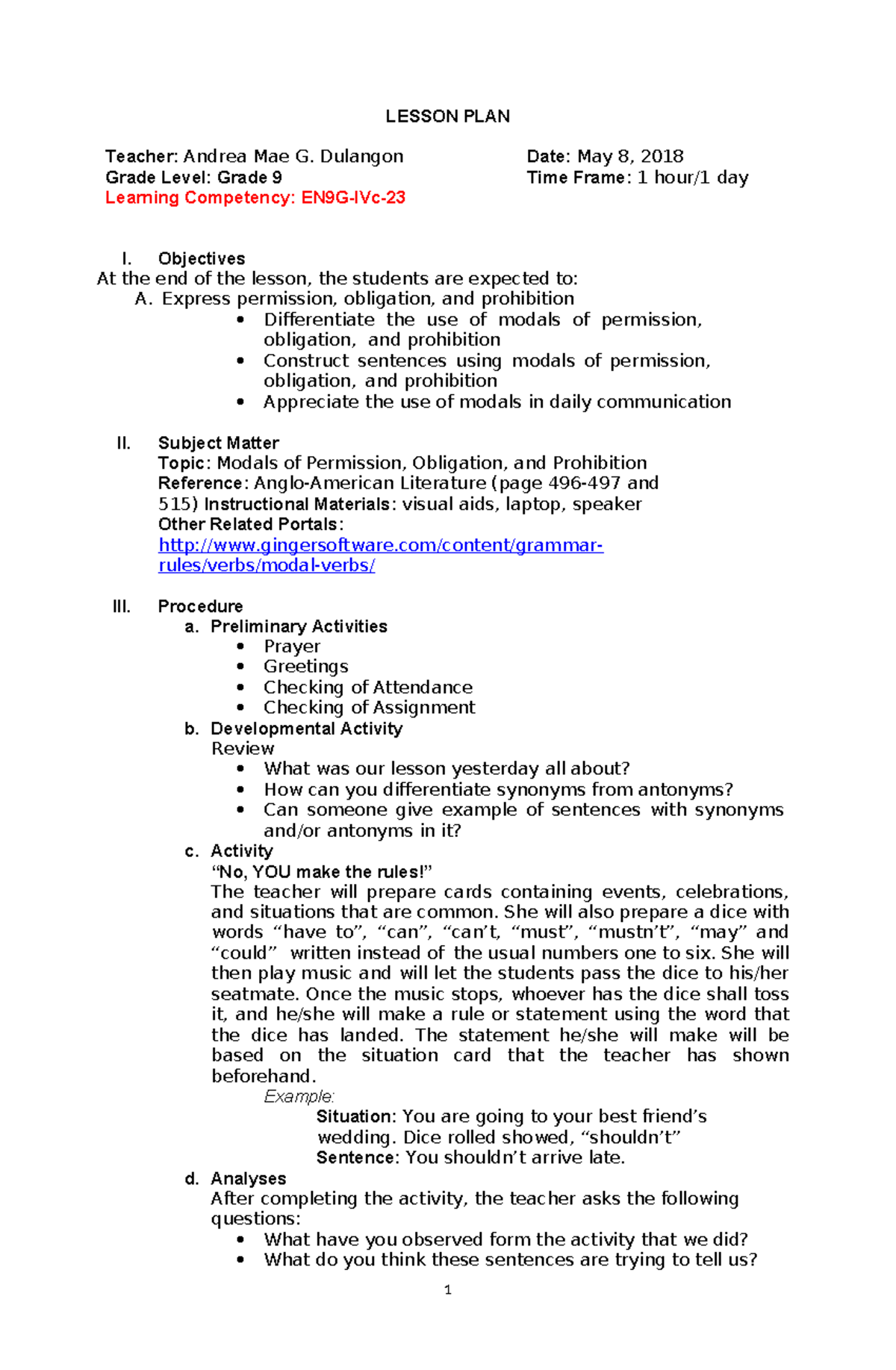 Learning-competency-en9g-ivc-23-rules-verbs-modal-verbs compress - LESSON PLAN Teacher: Andrea ...