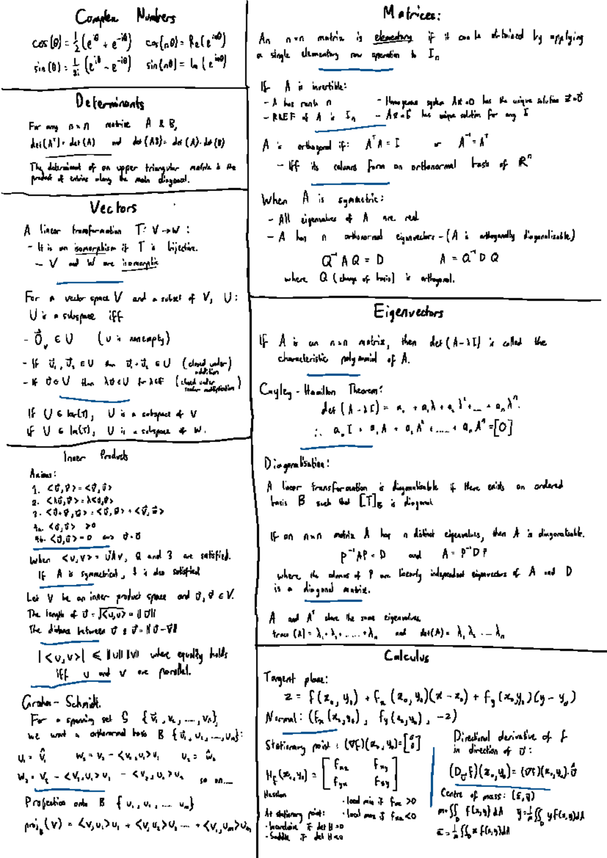 (MAST10008) Accelerated Mathematics - Summary Cheat Sheet for Exam - Complex Numbers Matrices ...