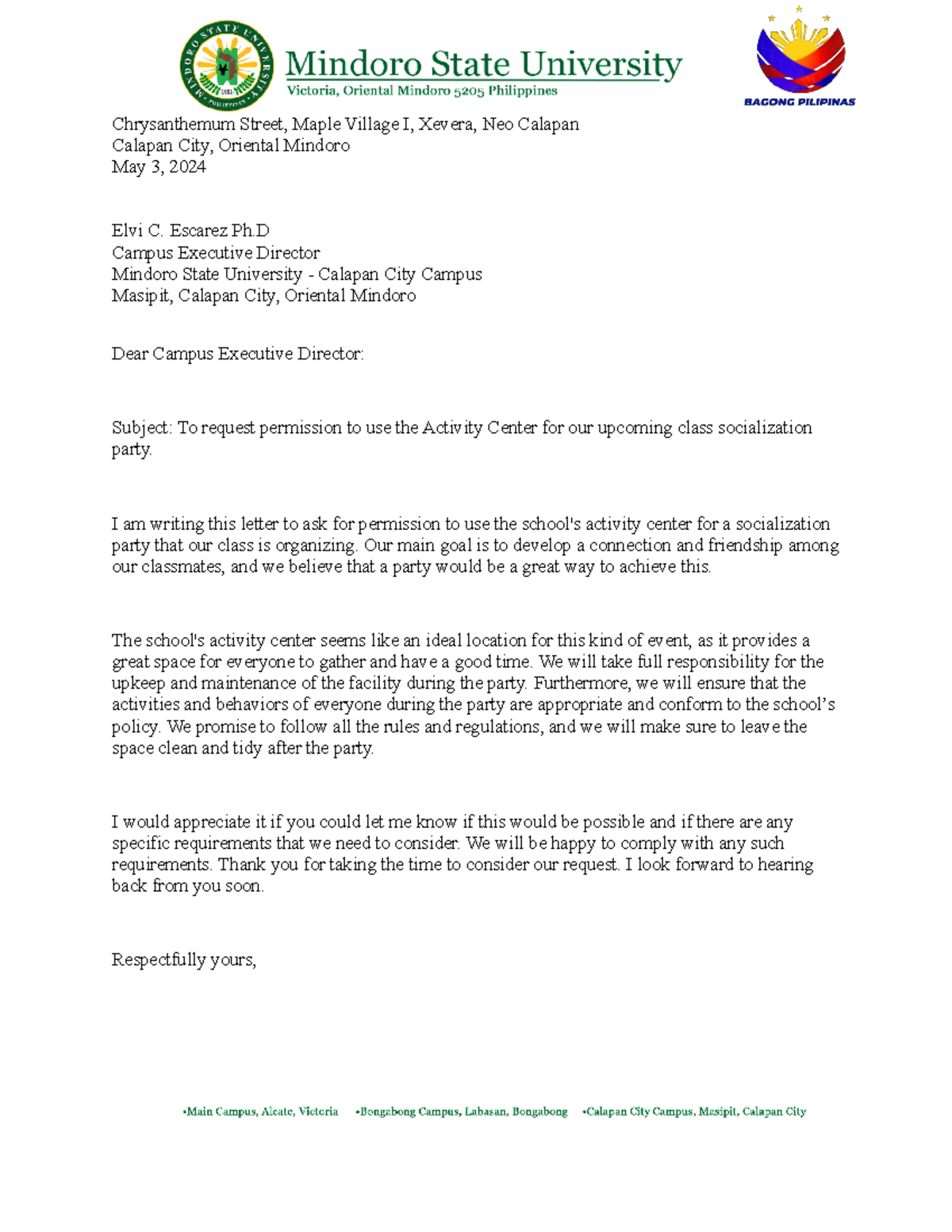 Business Letter - Assignment - Chrysanthemum Street, Maple Village I ...