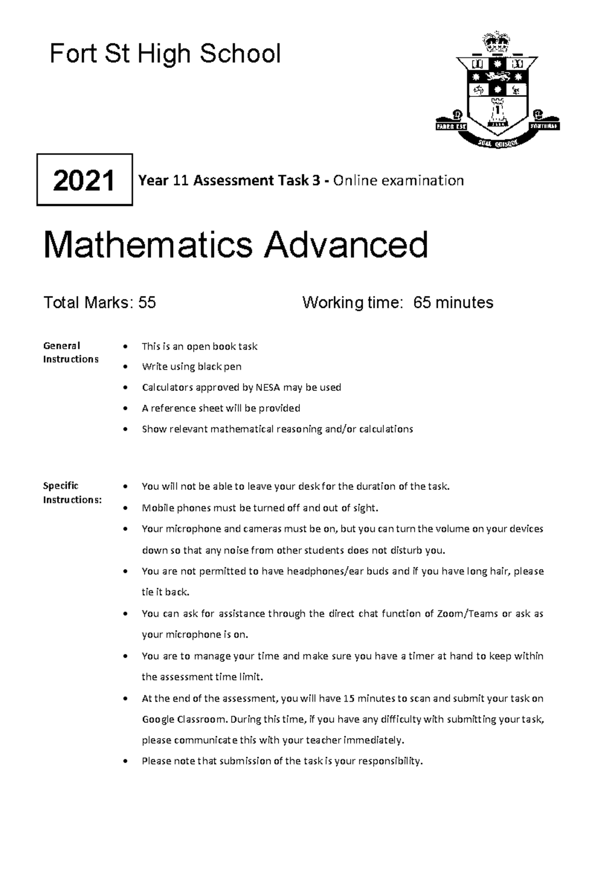 Yearly 2021 - Fort St Mathematics Advanced Paper - Fort St High School ...