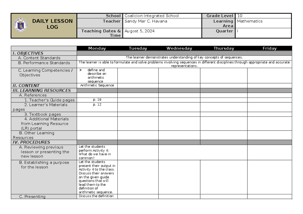 Sample Grade 10 DLL Q1W2 - DAILY LESSON LOG School Coalicion Integrated ...