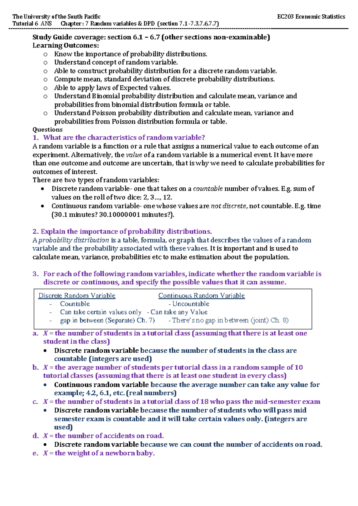 EC 203 - Tutorial 6 Q & A - Study Guide coverage: section 6 – 6 (other ...