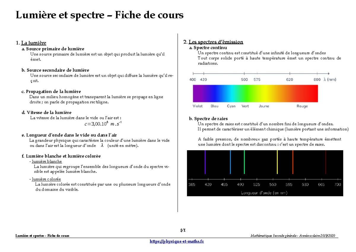 Lumiere spectre fiche cours - Lumière et spectre – Fiche de cours 1. La ...