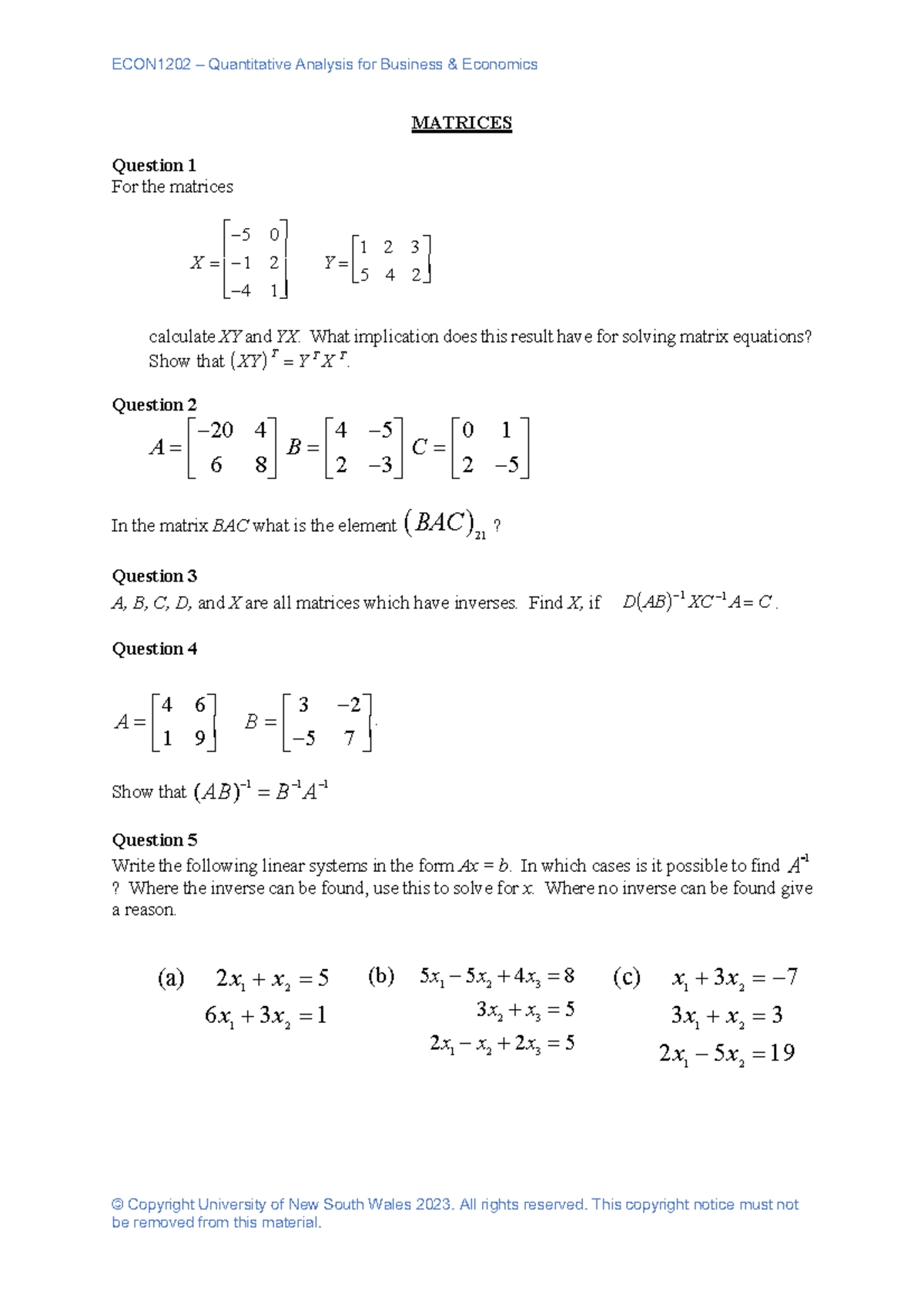 Matrices - Extra tutorial - ECON1202 – Quantitative Analysis for Business & Economics © - Studocu