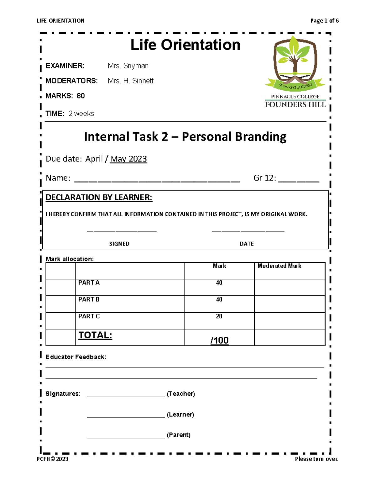Task 2 Gr 12 LO - Independent Task for grade 12 portfolio - LIFE ...