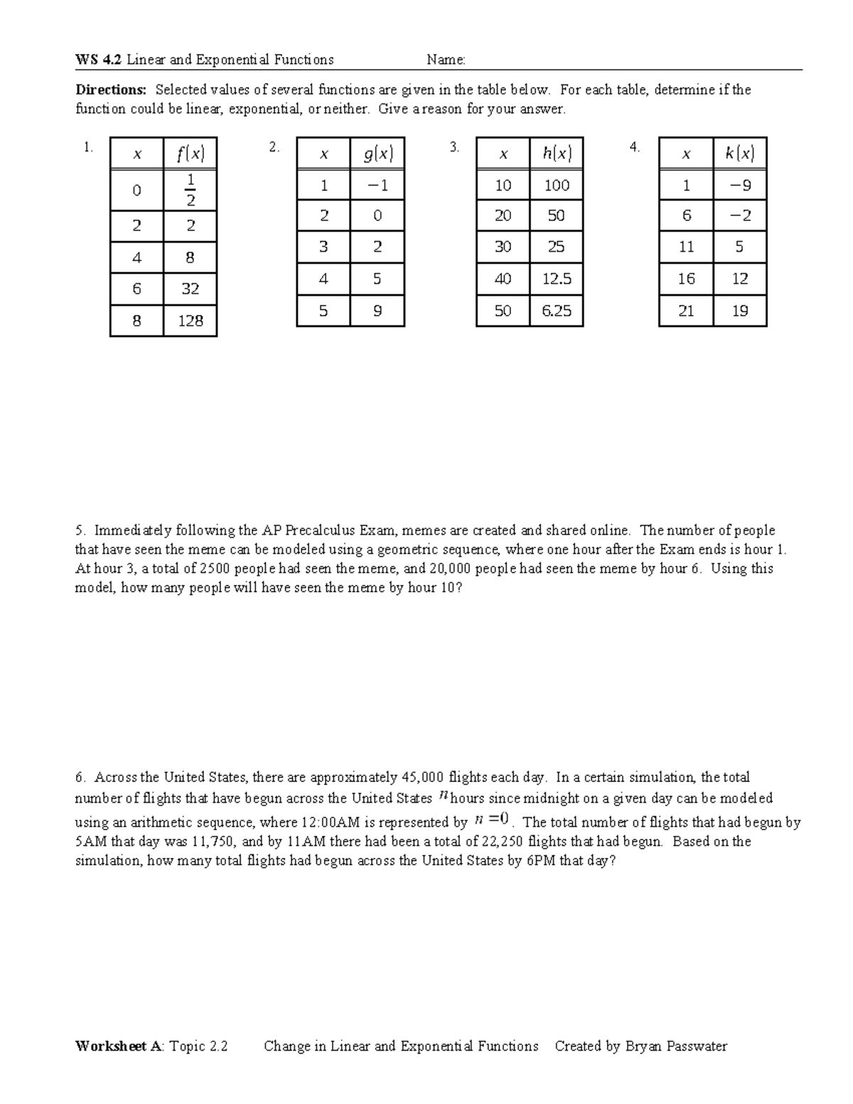 WS 4.2 Change in Linear and Exponential Functions - WS 4 Linear and ...