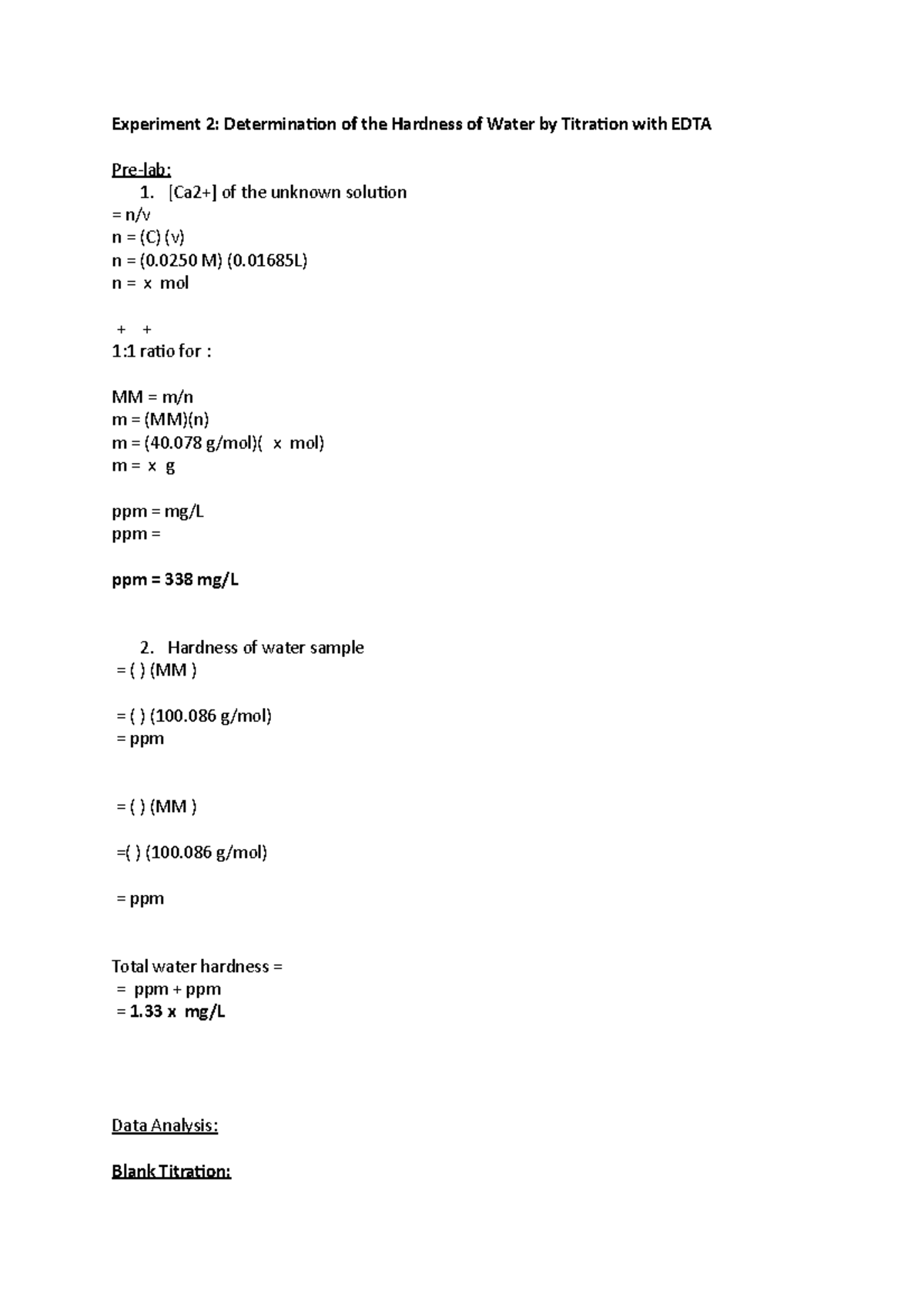 Chem 2400 Experiment 2 - complete lab report write up with a final ...