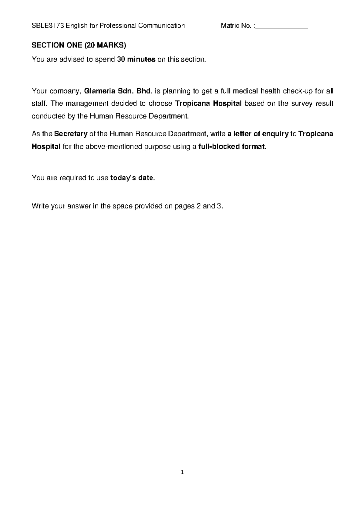 Set A - Useful - SECTION ONE (20 MARKS) You are advised to spend 30 ...