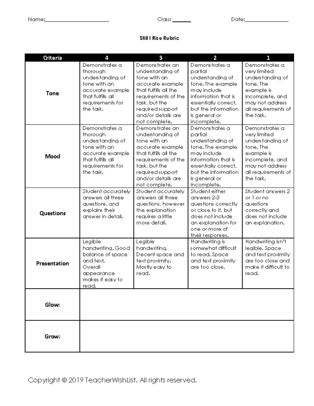 Tone and Mood Rubric - Copyright © 2019 TeacherWishList. All rights ...