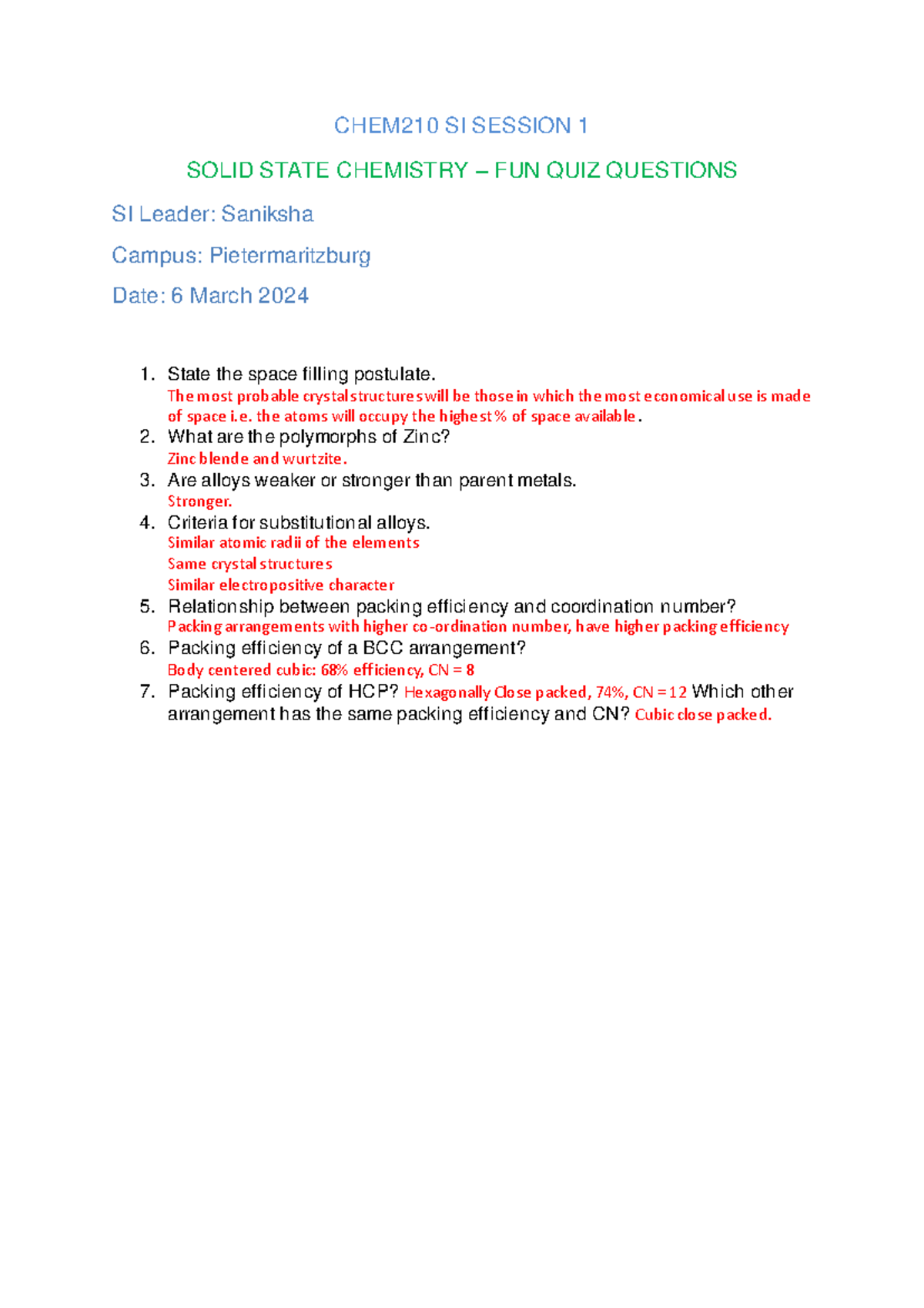 CHEM210 SI Session 1-Fun Quiz Questions - CHEM210 SI SESSION 1 SOLID ...