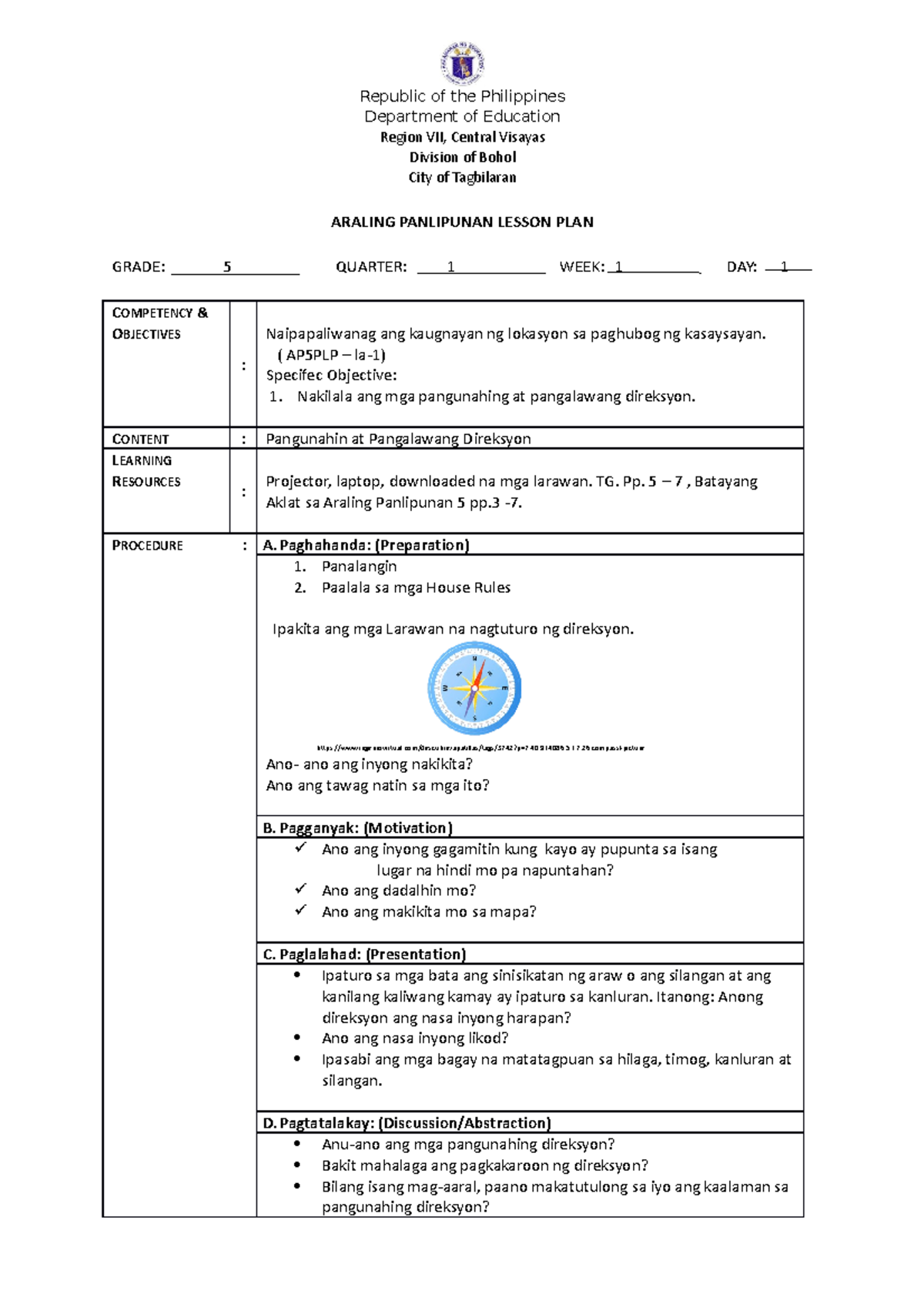 DLL AP 5 Quarter 1 Week 1 5 - Republic of the Philippines Department of ...