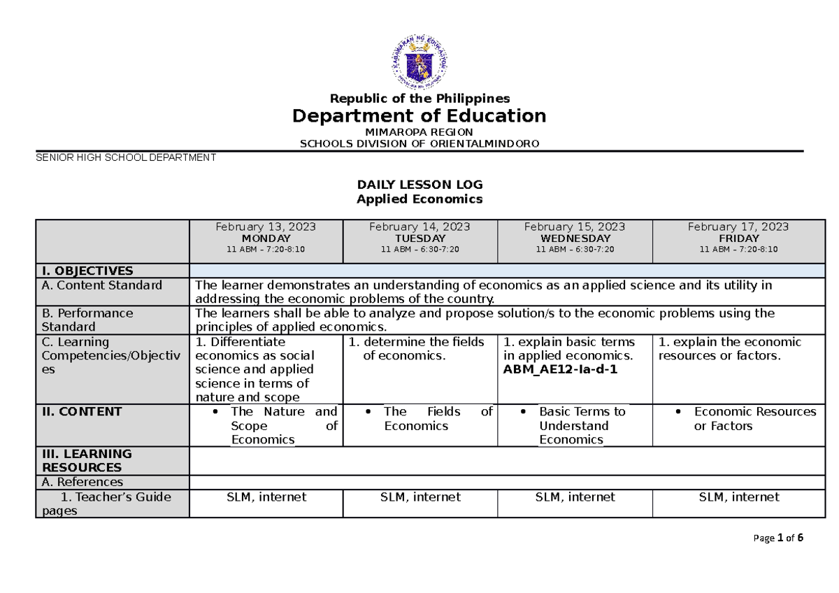 Wk1-LP-Ap Econ - This is a Lesson Plan for Economics. - Republic of the ...