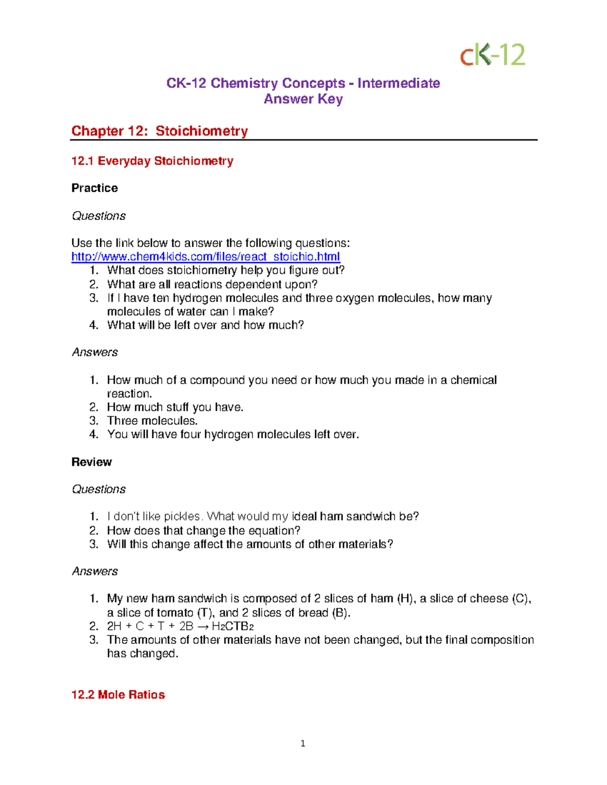 Chem Int CC - 12 Stoichiometry - Answer Key PDF - CK-12 Chemistry ...