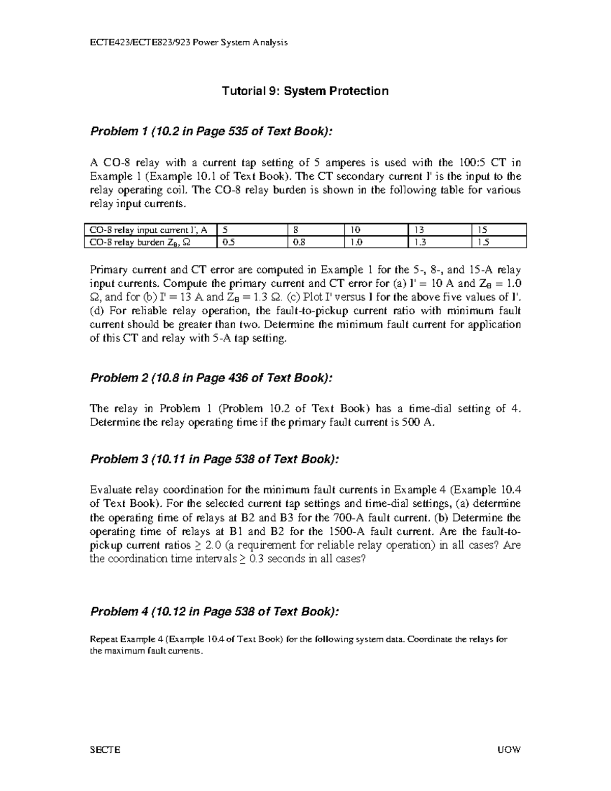 Tut9 ECTE423 823 923 2023 - ECTE423/ECTE823/923 Power System Analysis SECTE UOW Tutorial 9 ...