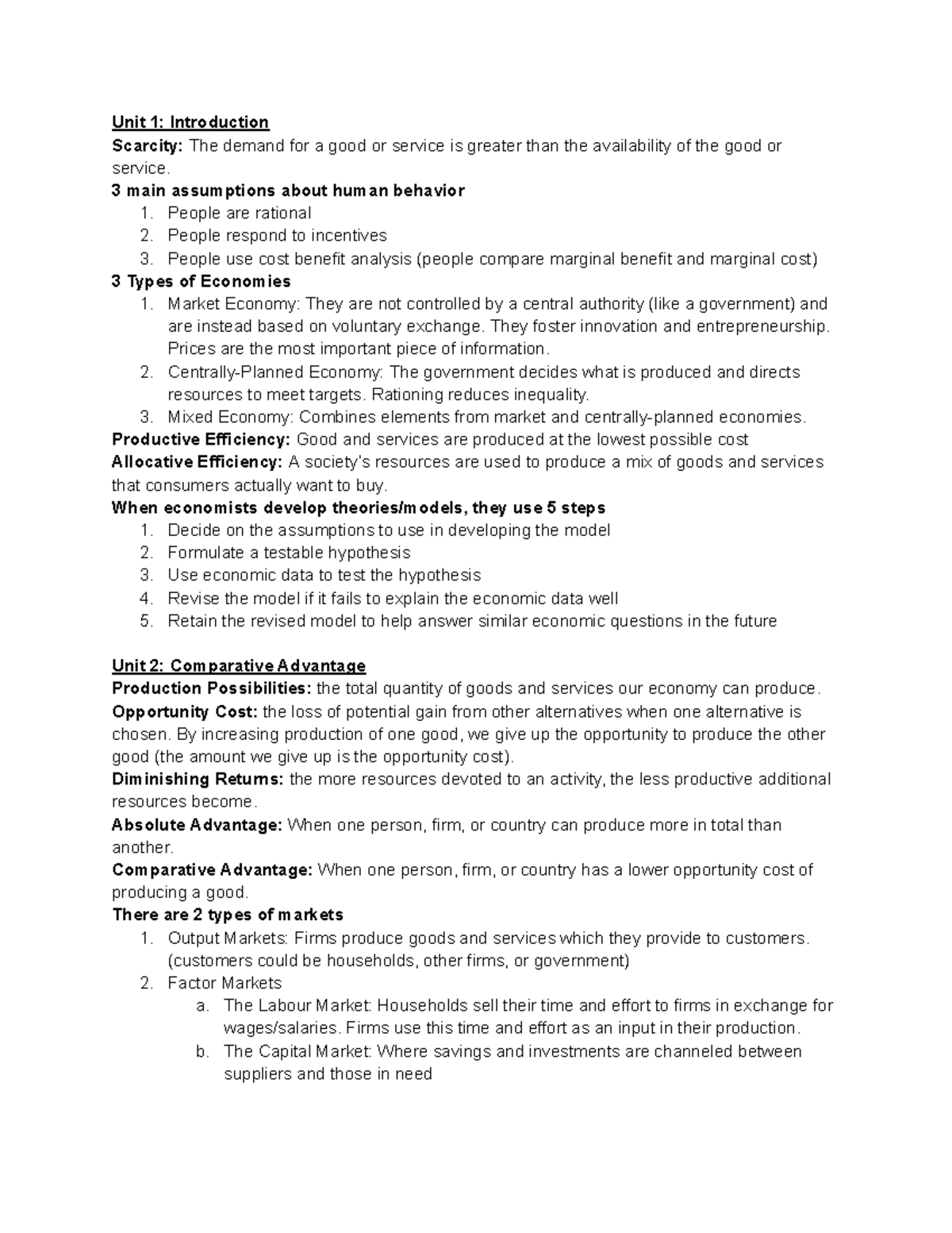 L Microeconomics Word Bank - Unit 1: Introduction Scarcity: The demand ...